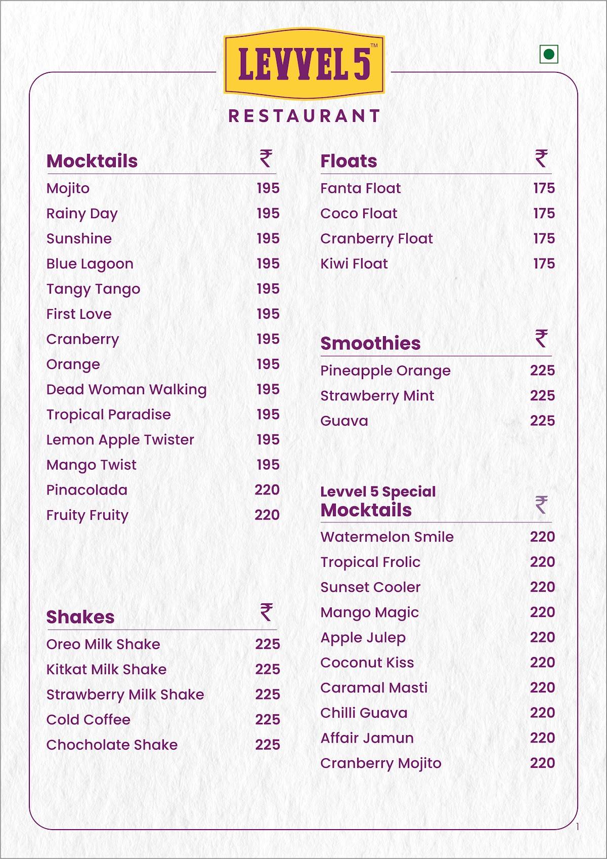 Menu at Levvel 5 (Terrace Restro), Surat