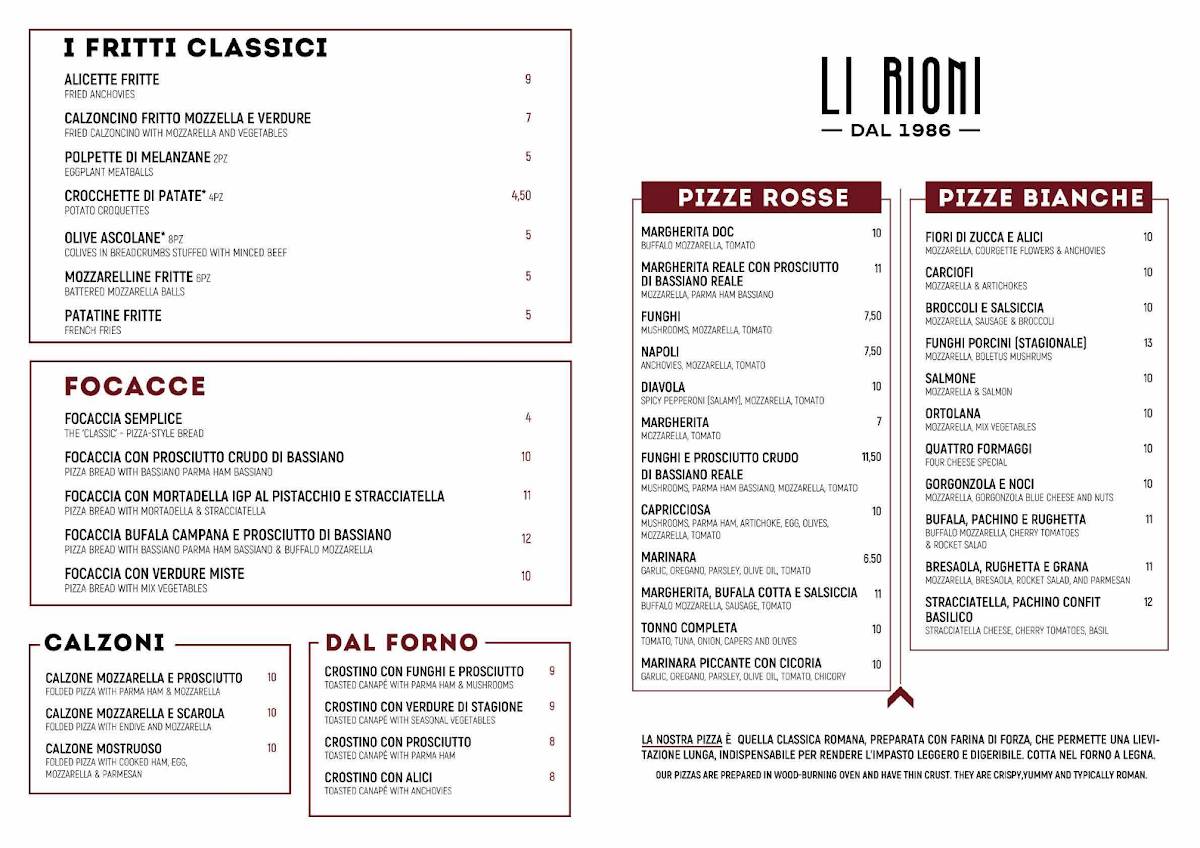 Carta de pizzería Li Rioni a Santiquattro, Roma, Via dei SS. Quattro