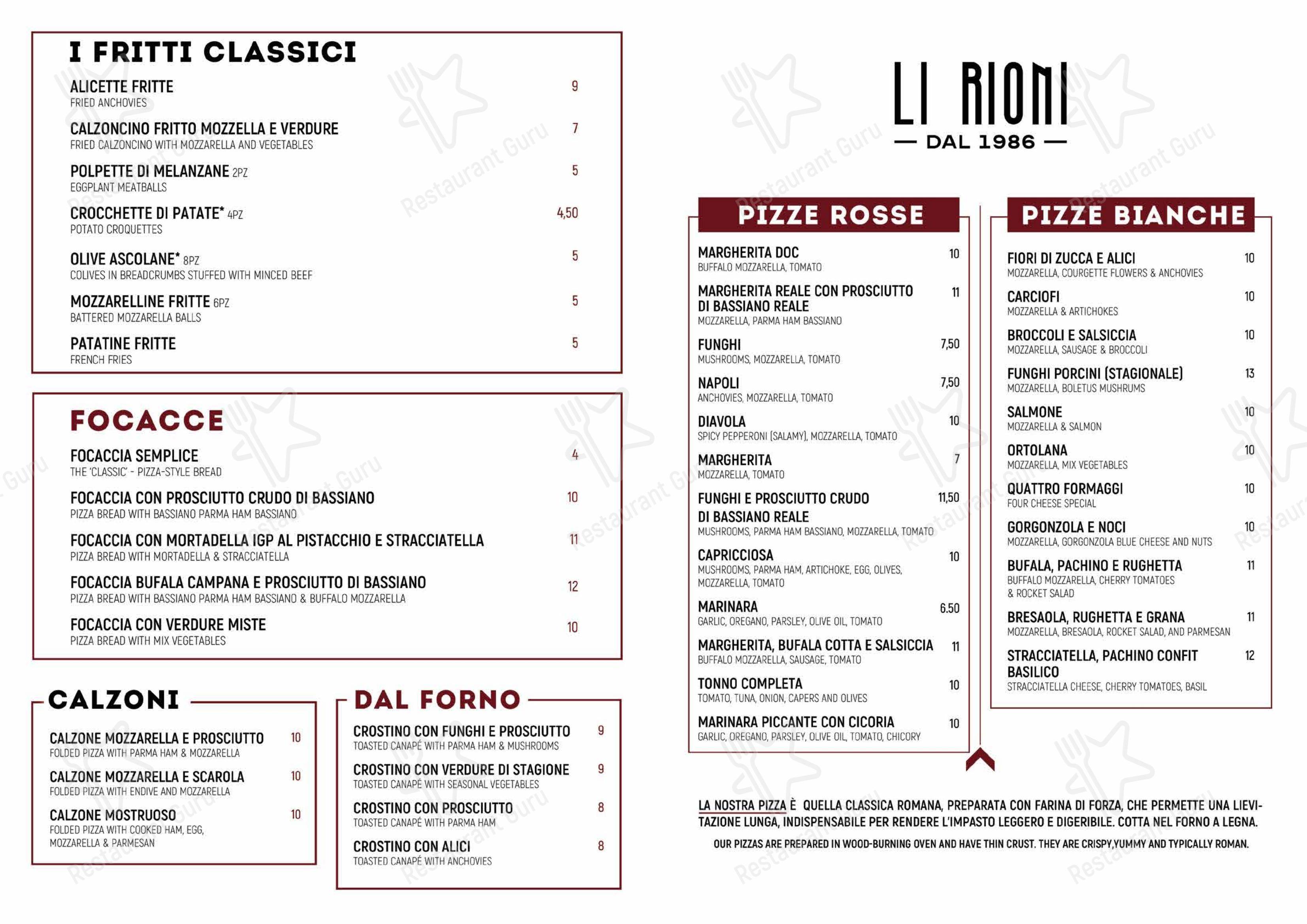 Menu at Li Rioni a Santiquattro pizzeria, Rome, Via dei SS. Quattro
