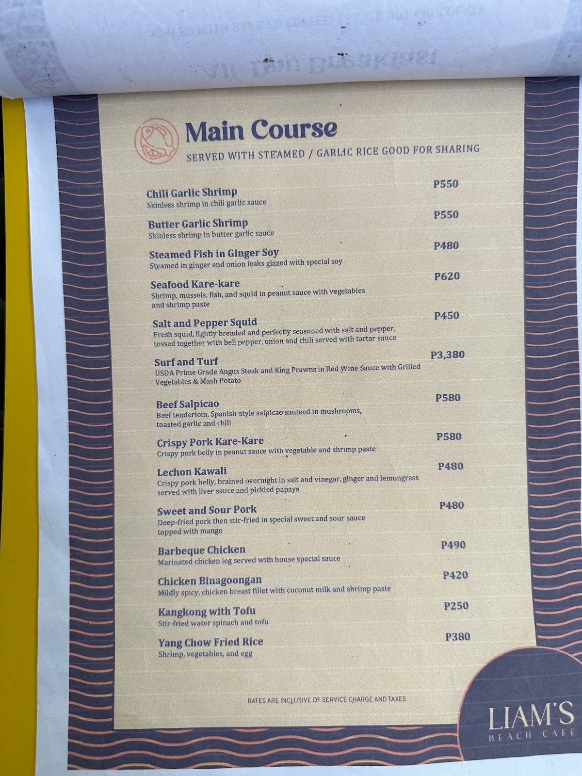Menu at Liam's Beach Cafe, El Nido, 6C58+8HC