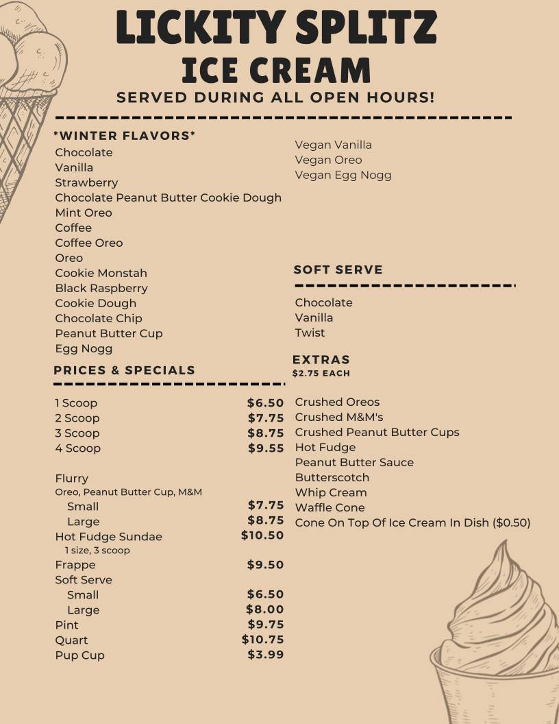 Menu at Lickity Splitz restaurant, Winchendon