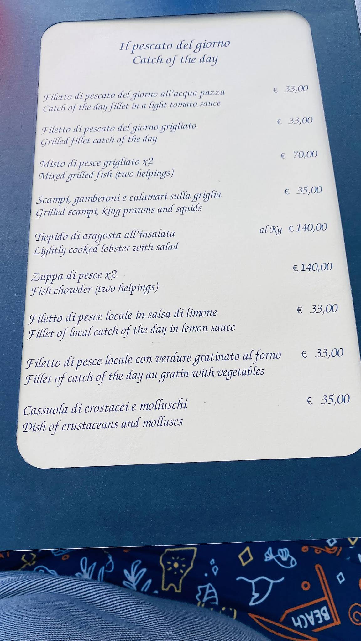 Menu at Ristorante Lido Azzurro, Amalfi, Via Lungomare dei Cavalieri