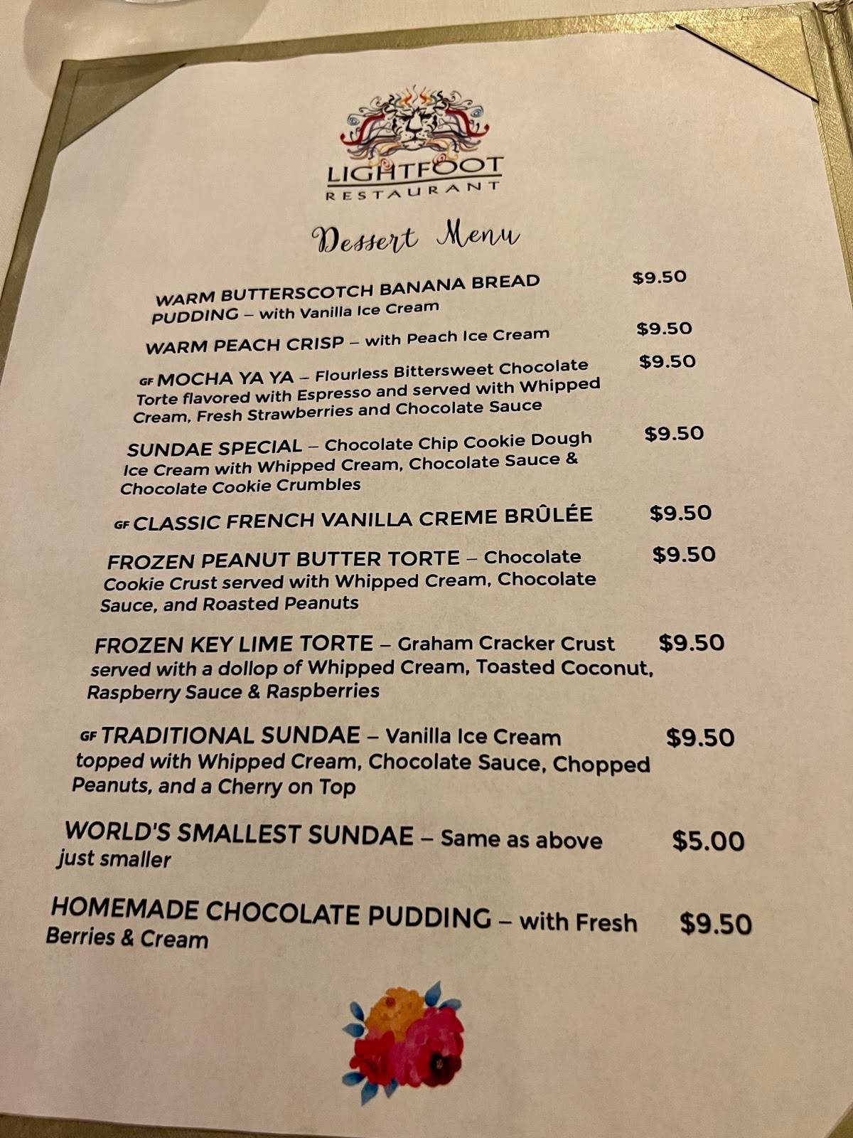 Menu at Lightfoot Restaurant, Leesburg
