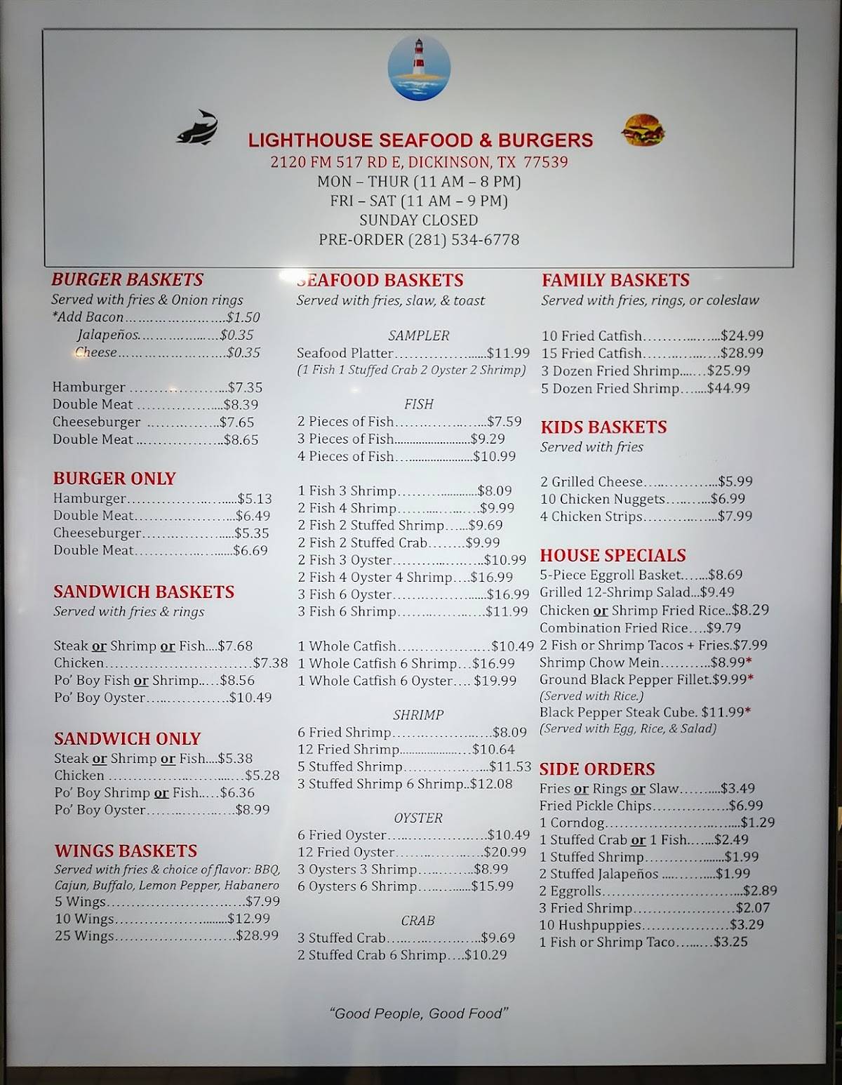 Menu at Lighthouse Seafood Restaurant, Dickinson, FM 517 Rd E