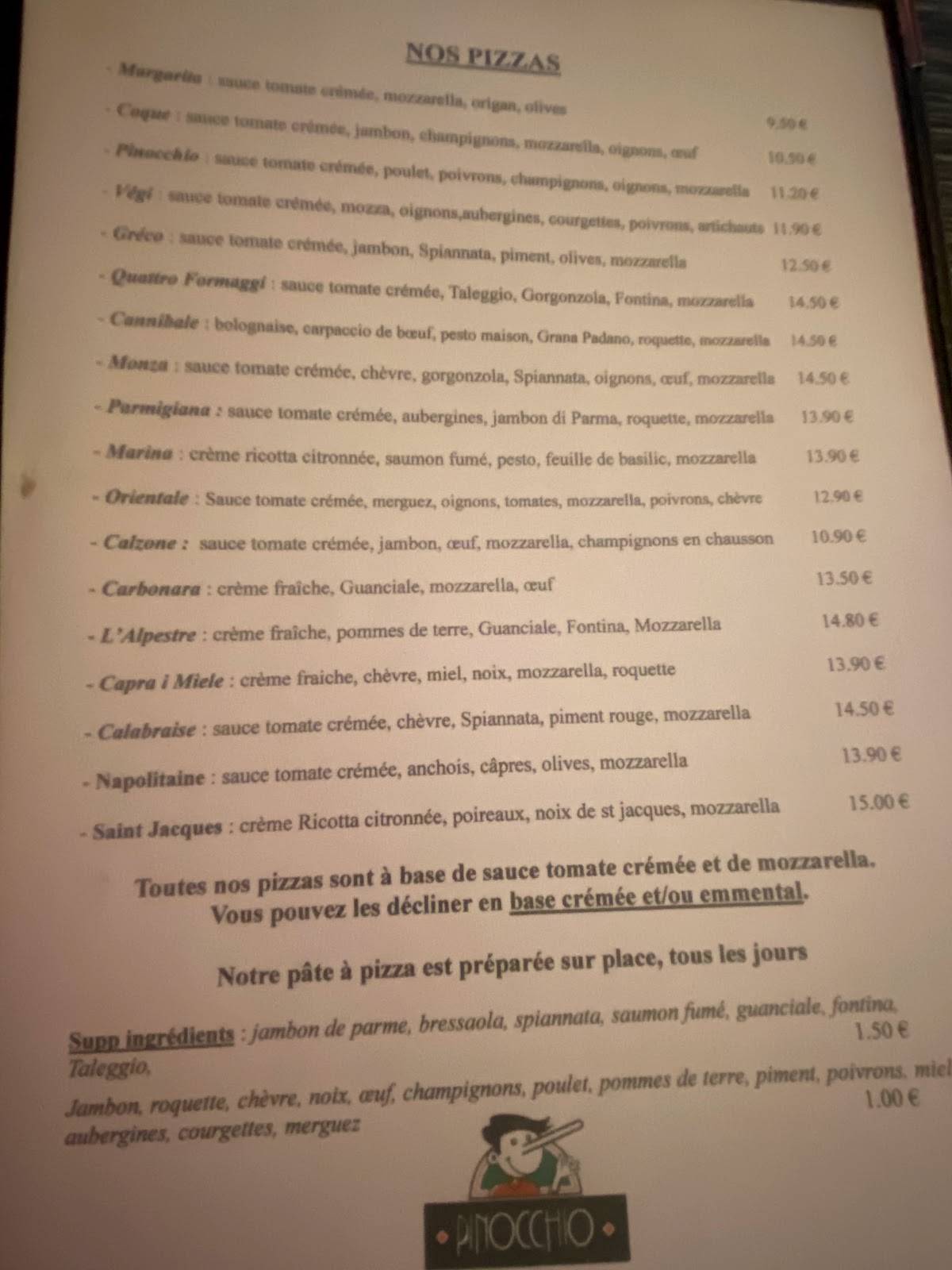 Menu au Pinocchio restaurant, Lille, 23 Rue de Roubaix