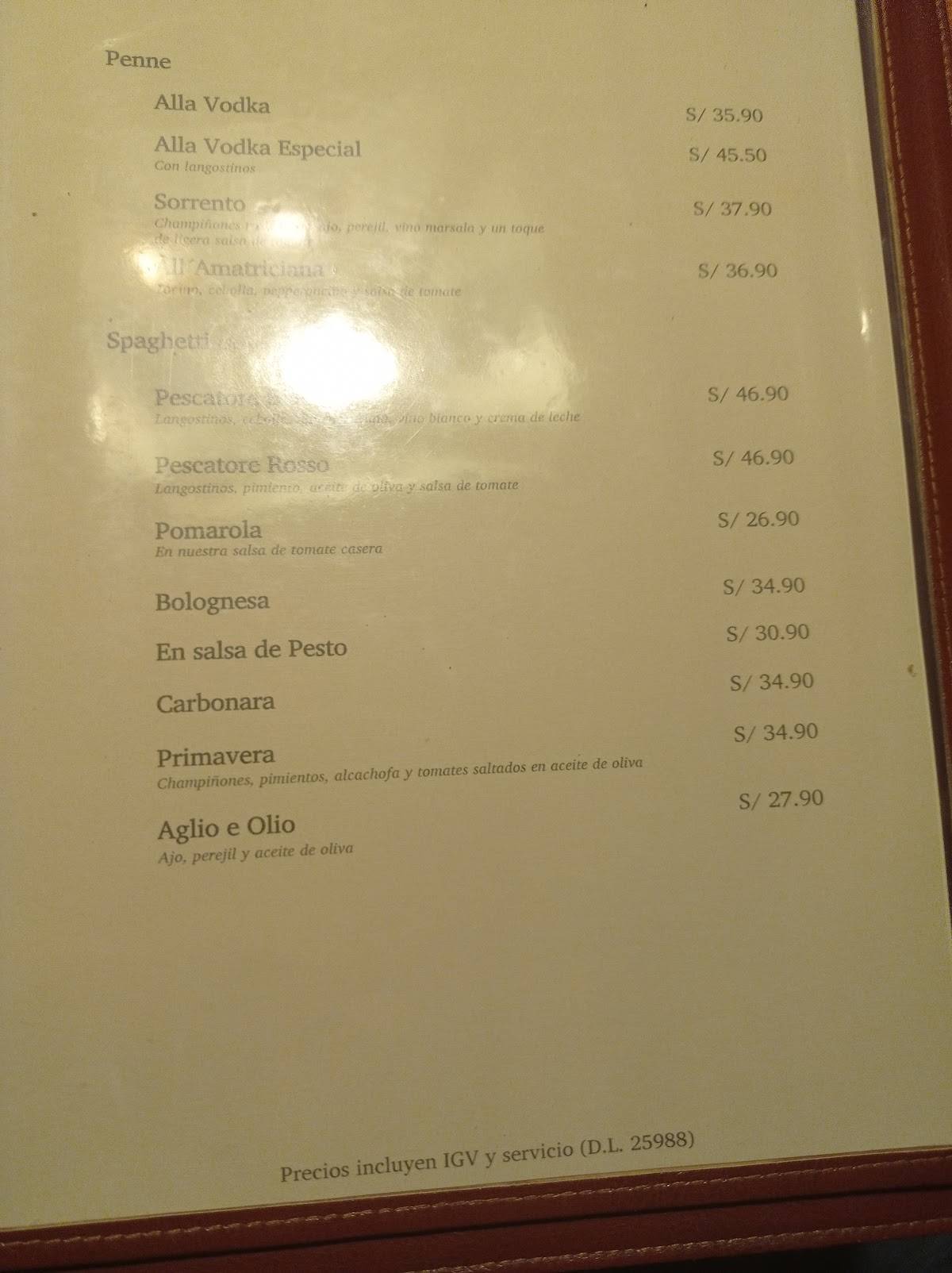 Carta del restaurante La Linterna, San Isidro, C. Los Libertadores 311