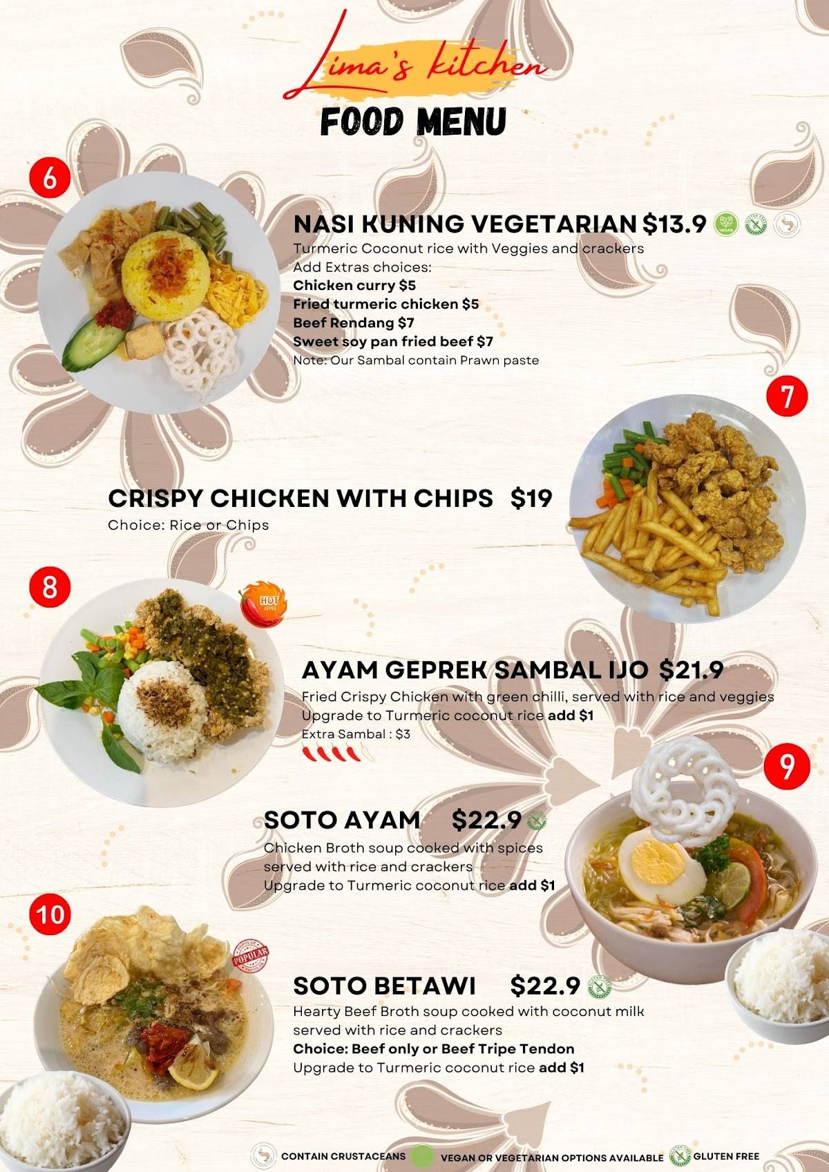 Menu at Lima's Kitchen restaurant, Auckland