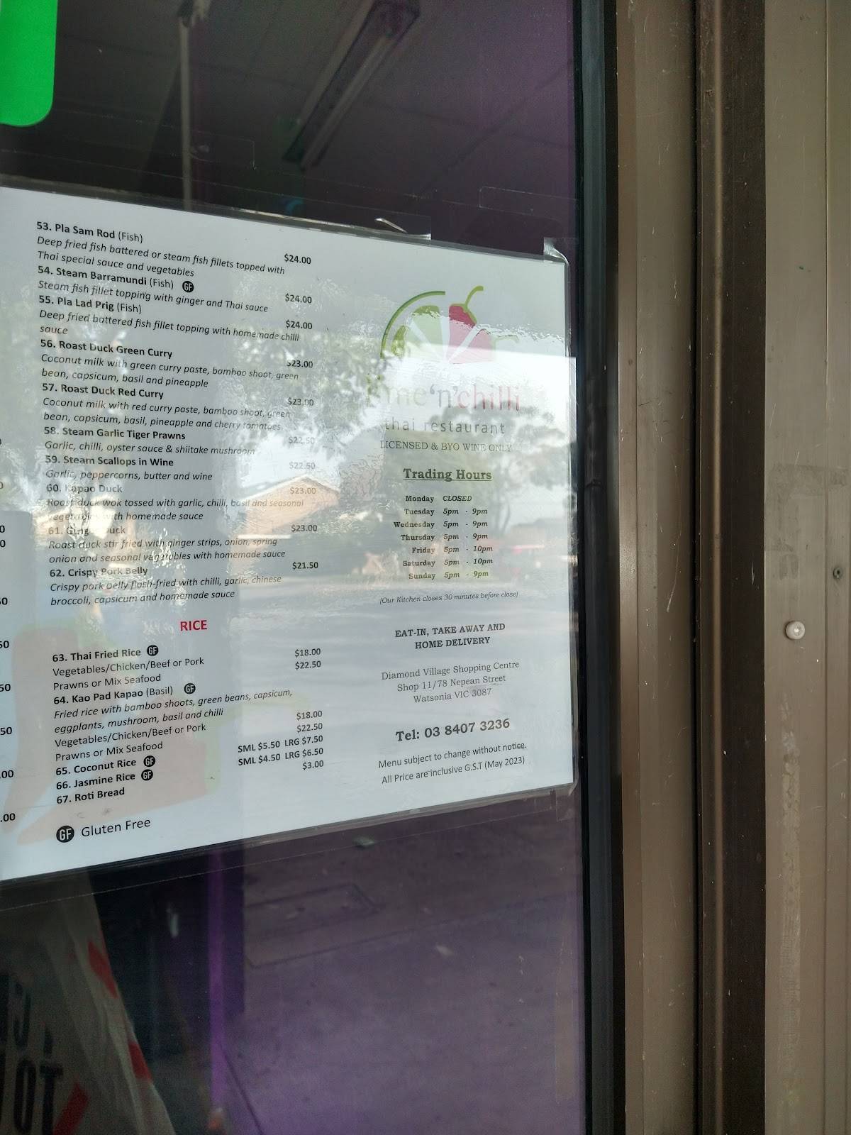 Carta de Lime N Chilli Thai Restaurant, Watsonia
