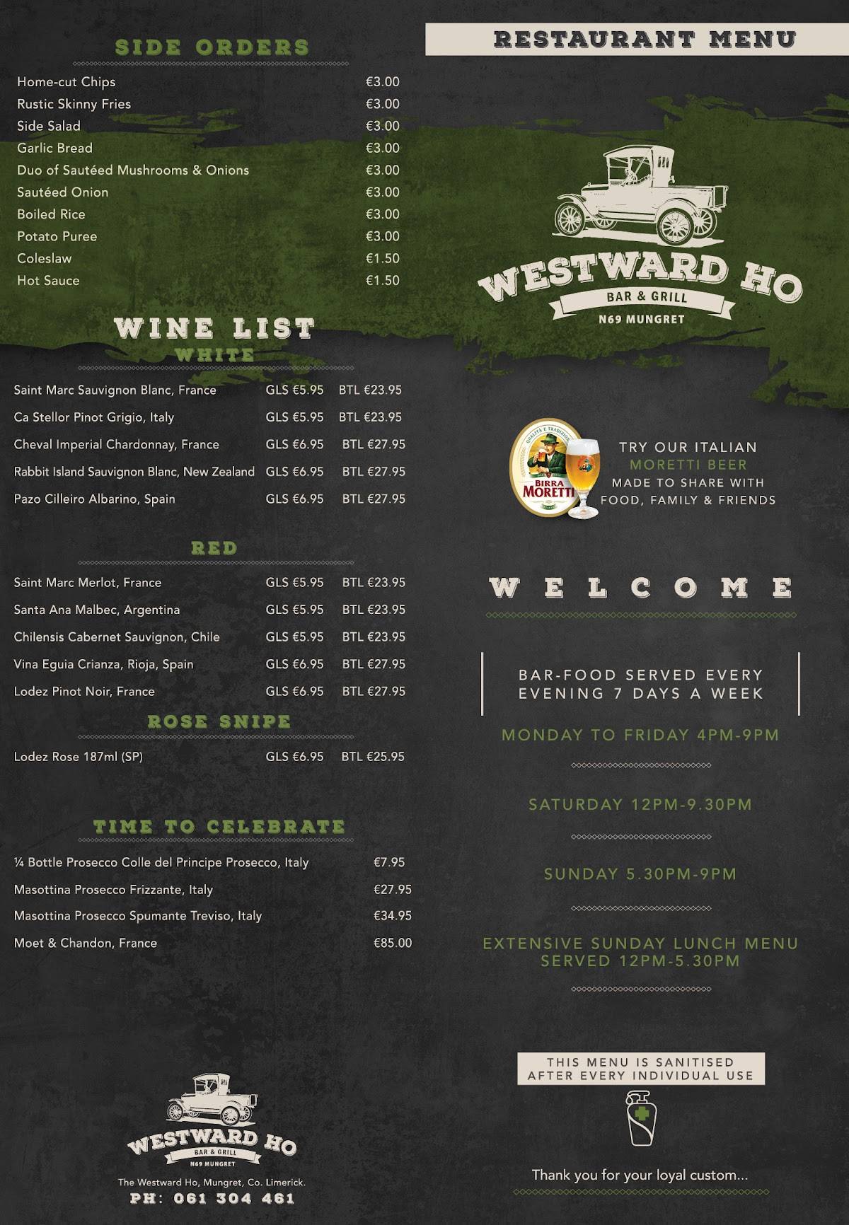 Menu at Westward Ho Bar & Restaurant, Mungret