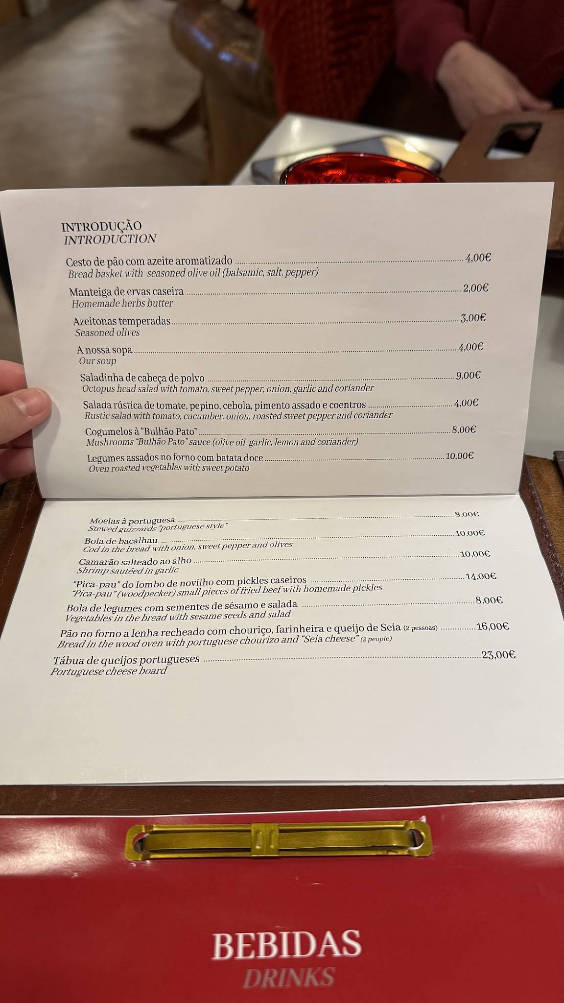 Menu at Altar restaurant, Lisbon