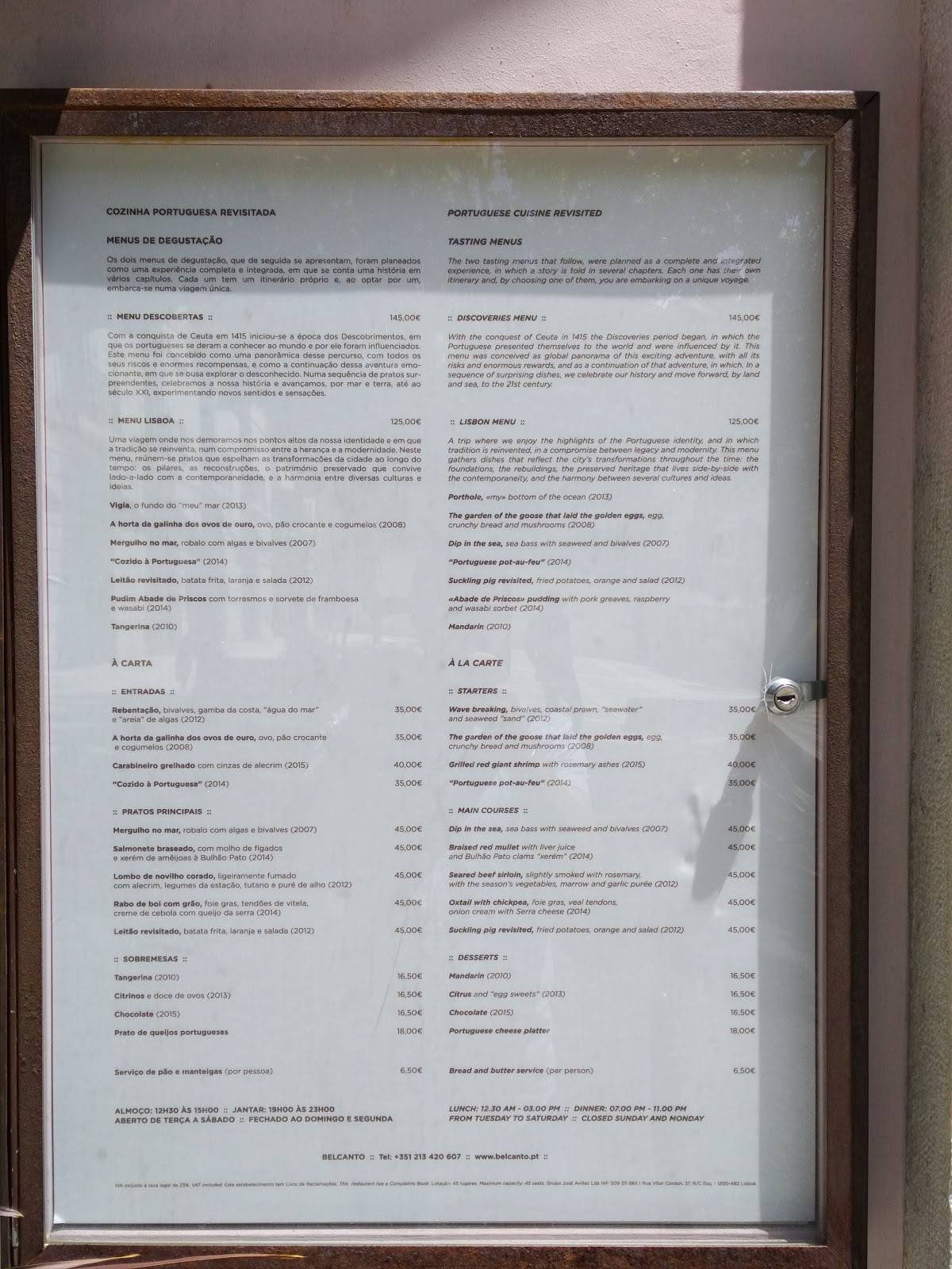 Menu at Belcanto restaurant, Lisbon, R. Serpa Pinto 10A