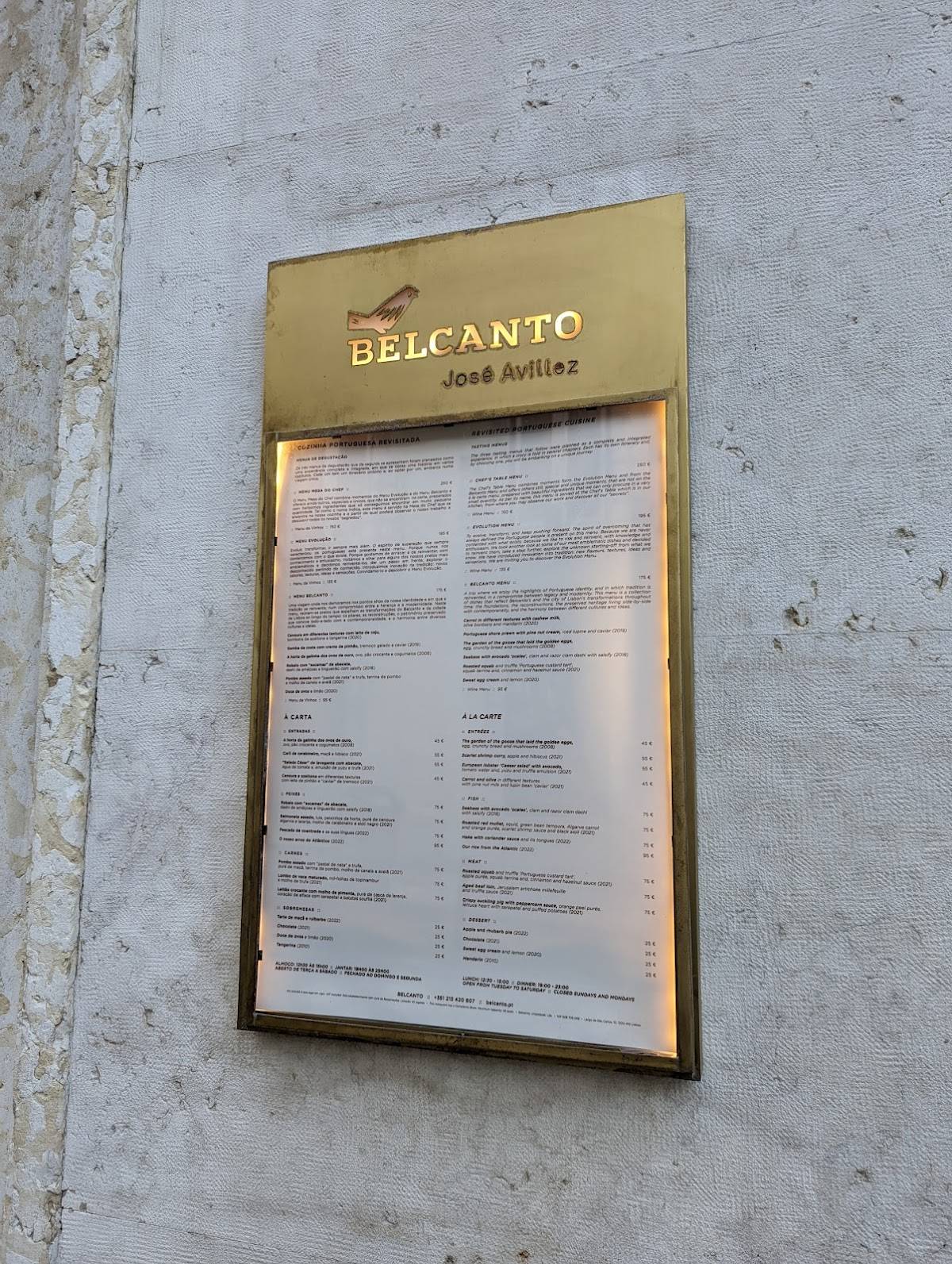 Menu at Belcanto restaurant, Lisbon, R. Serpa Pinto 10A