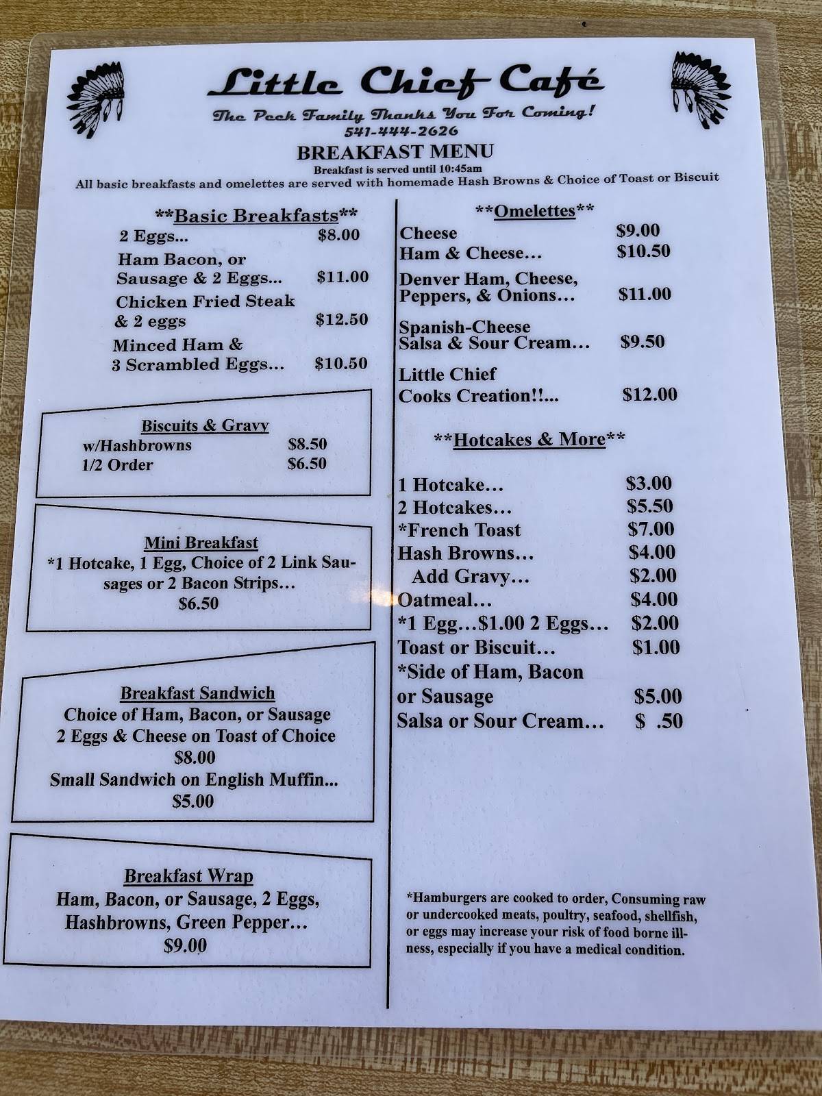 Menu at Little Chief Restaurant, Siletz