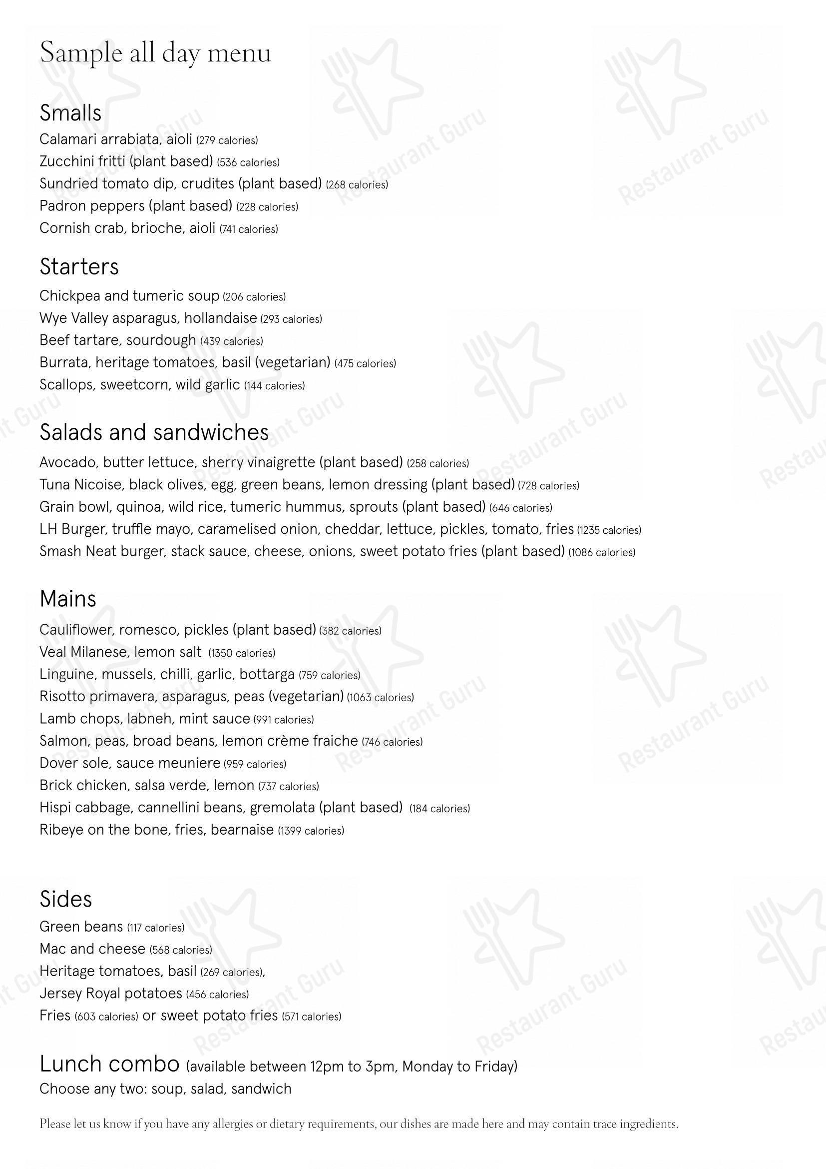 Menu at Little House Mayfair restaurant, London, 2 Queen Street