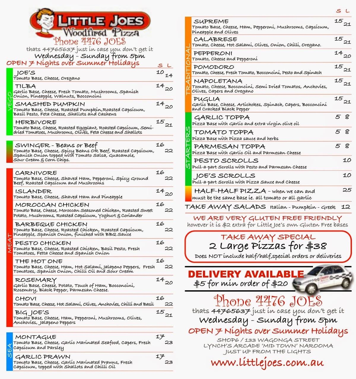 Menu at Little Joes Woodfired Pizza pizzeria, Narooma