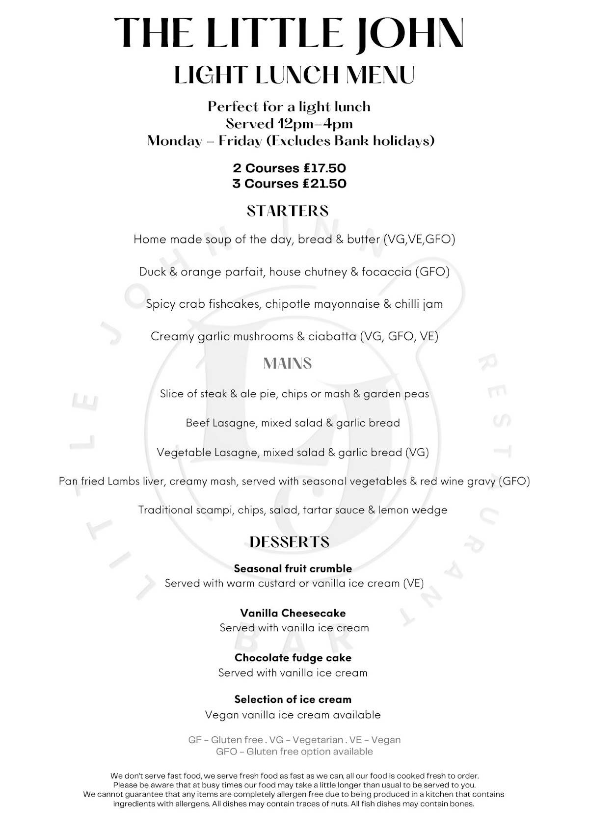 Menu at Little John Inn pub & bar, Ravenshead