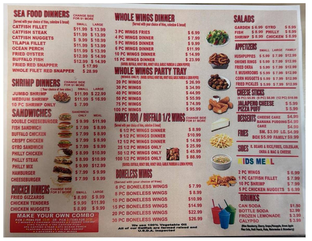 Menu at Red Snapper Fish & Chicken restaurant, Little Rock