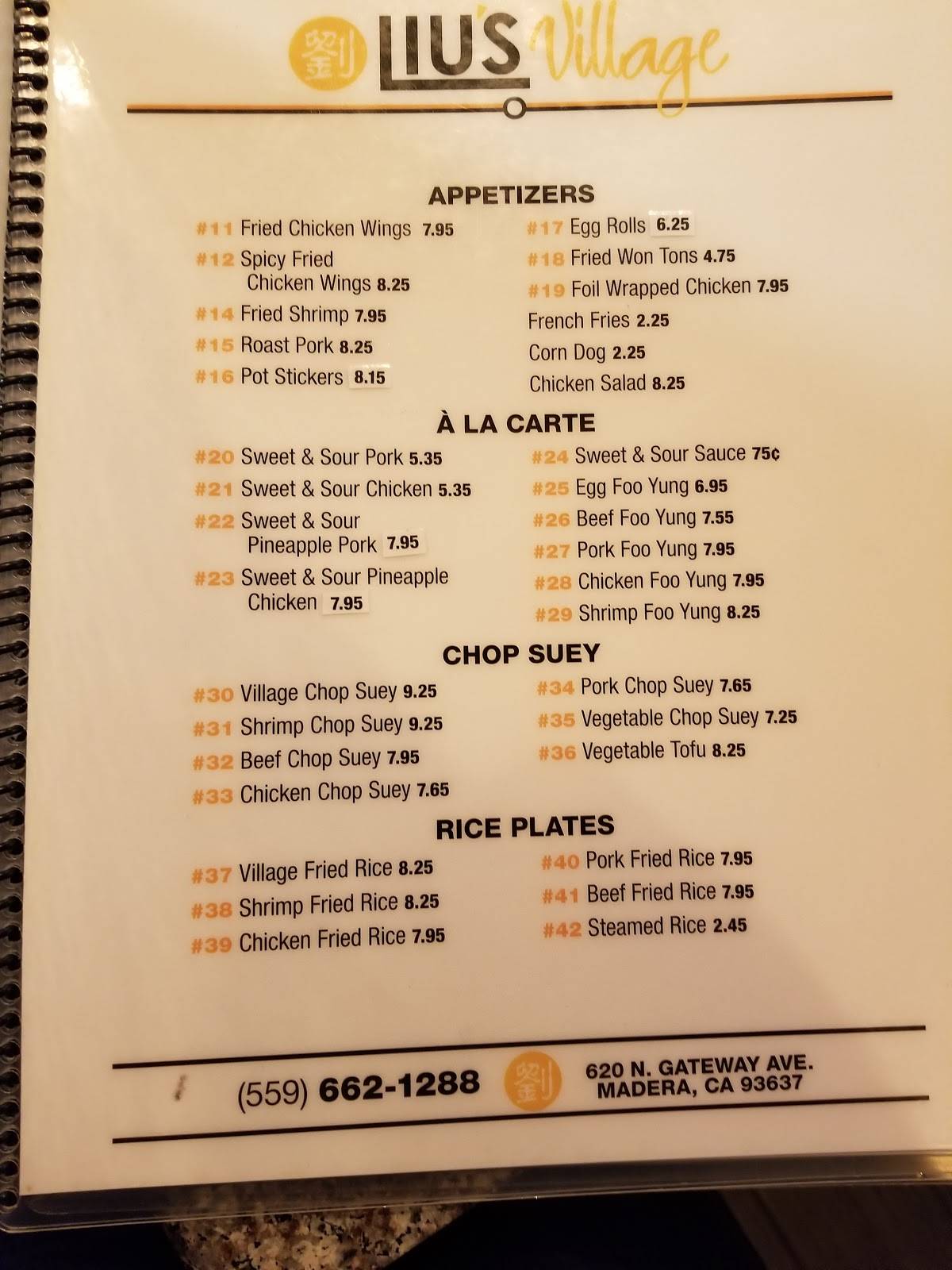 Menu at Liu's Village restaurant, Madera