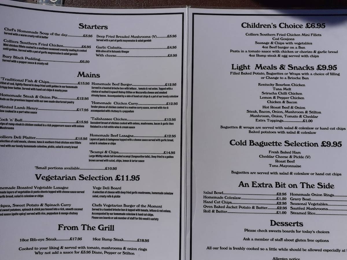 Menu at Colliers Arms pub & bar, St Helens