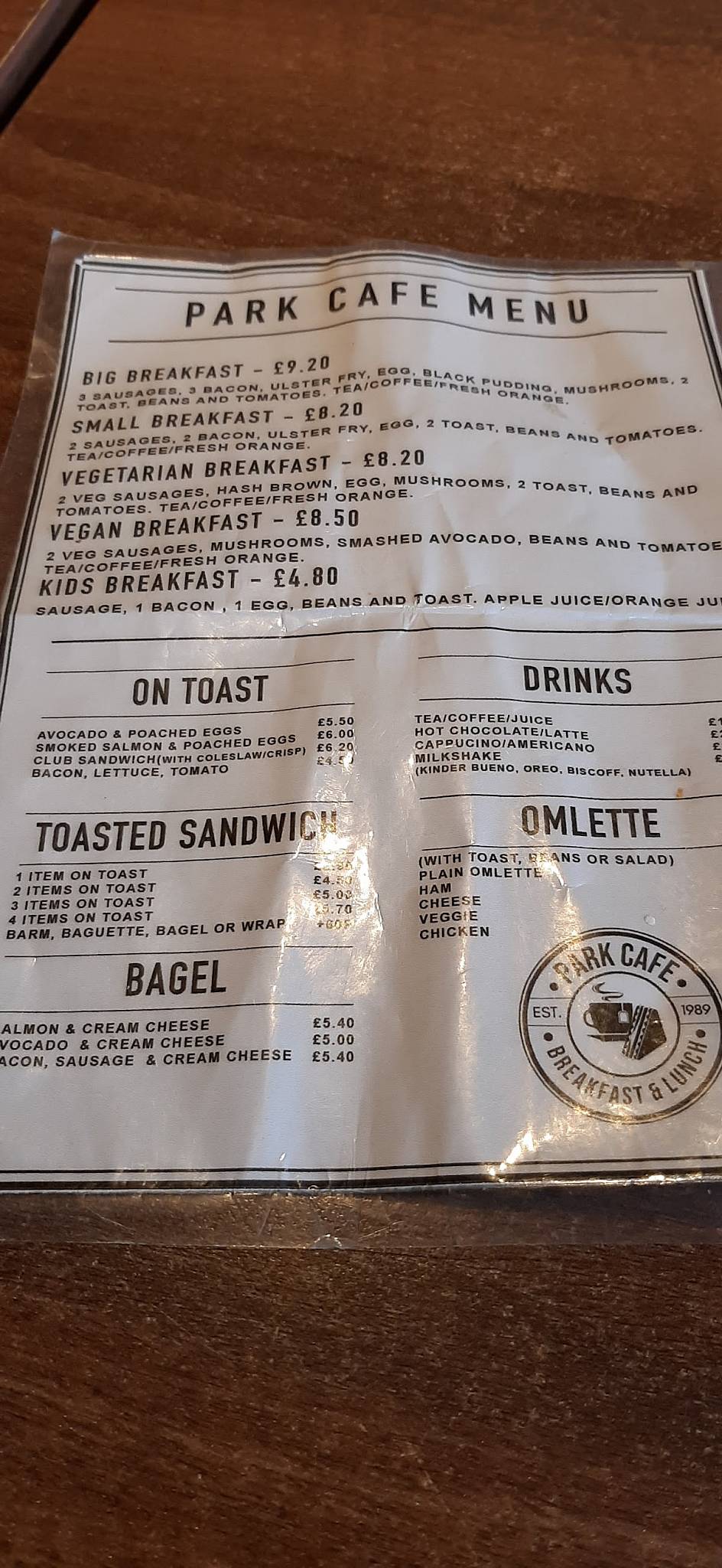 Menu at Park Cafe, Liverpool, 11B Aigburth Vale