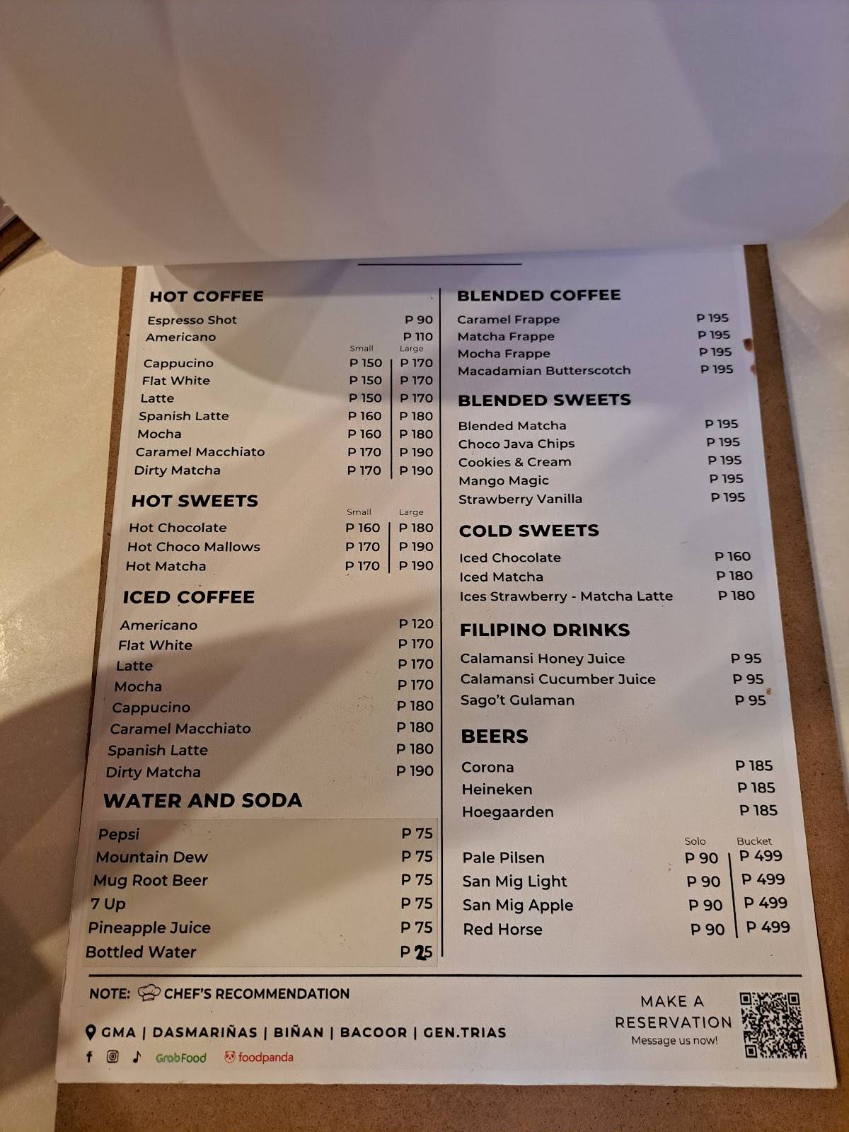 Menu at Liwanag Cafe GMA, General Mariano Alvarez