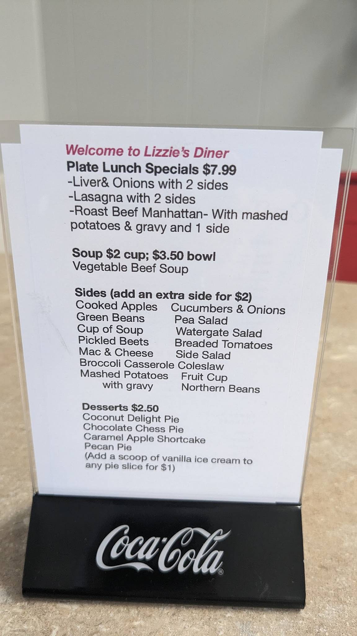 Menu at Lizzie's Diner restaurant, Owensboro