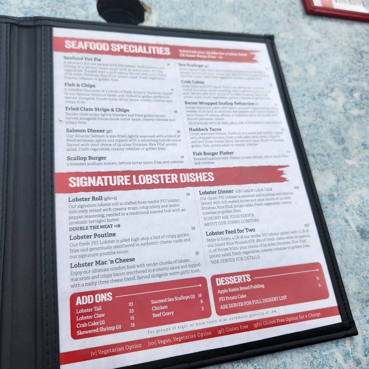 Menu at Lobster On The Wharf Restaurant, Charlottetown