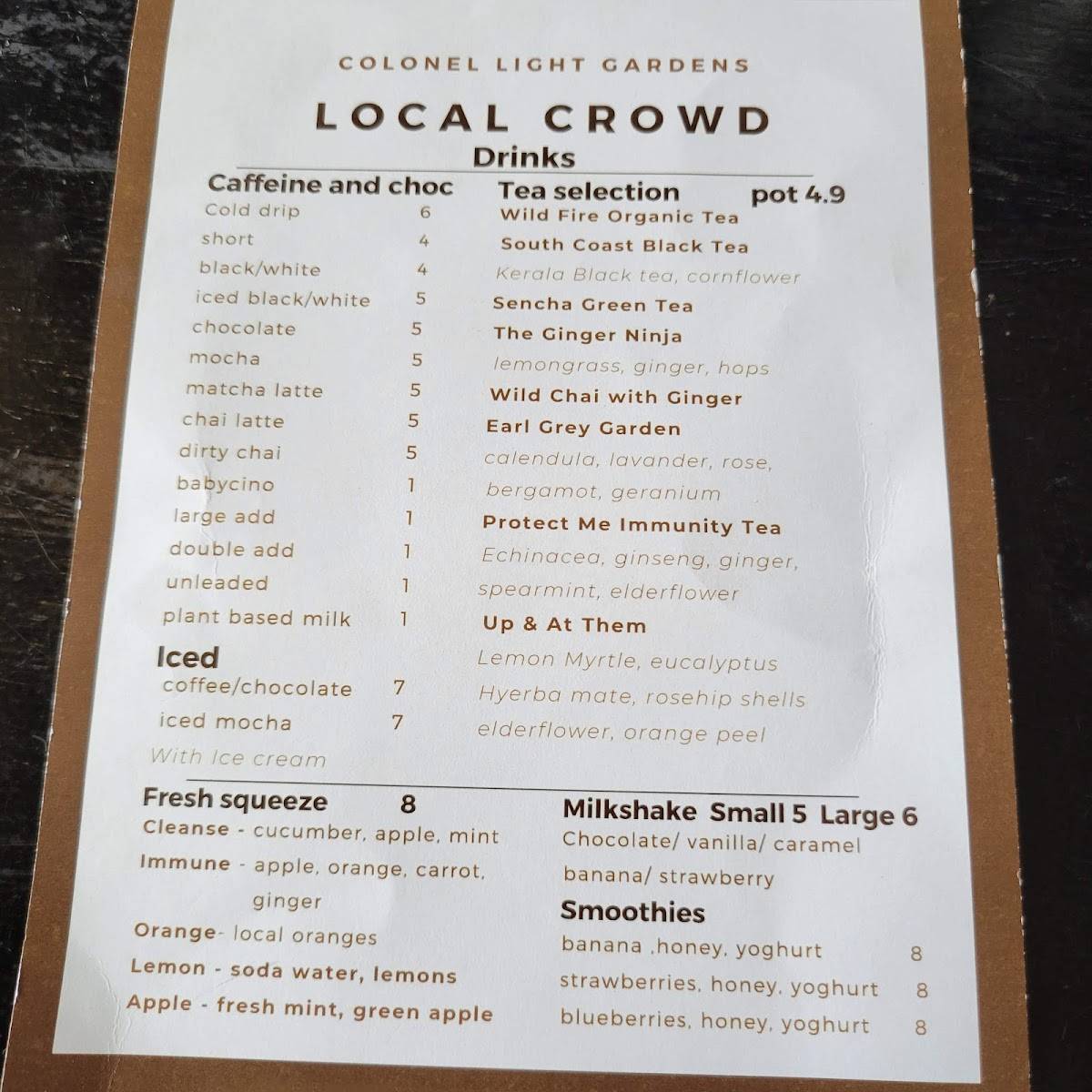 Menu at Local Crowd cafe, Colonel Light Gardens