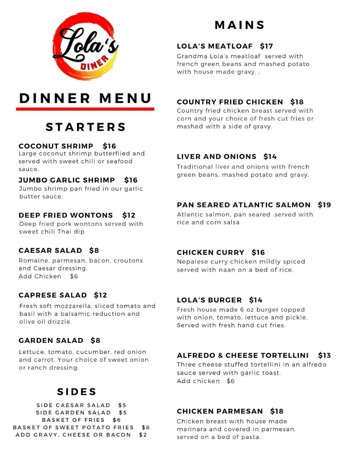 Menu at Lola's Diner restaurant, Petrolia
