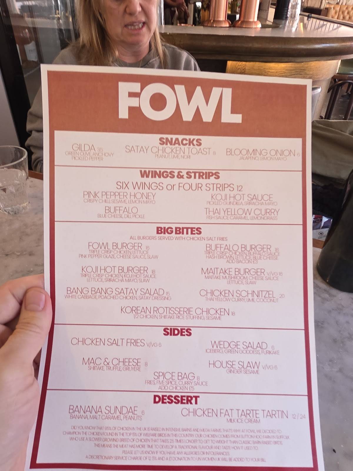 Menu at FOWL restaurant, London