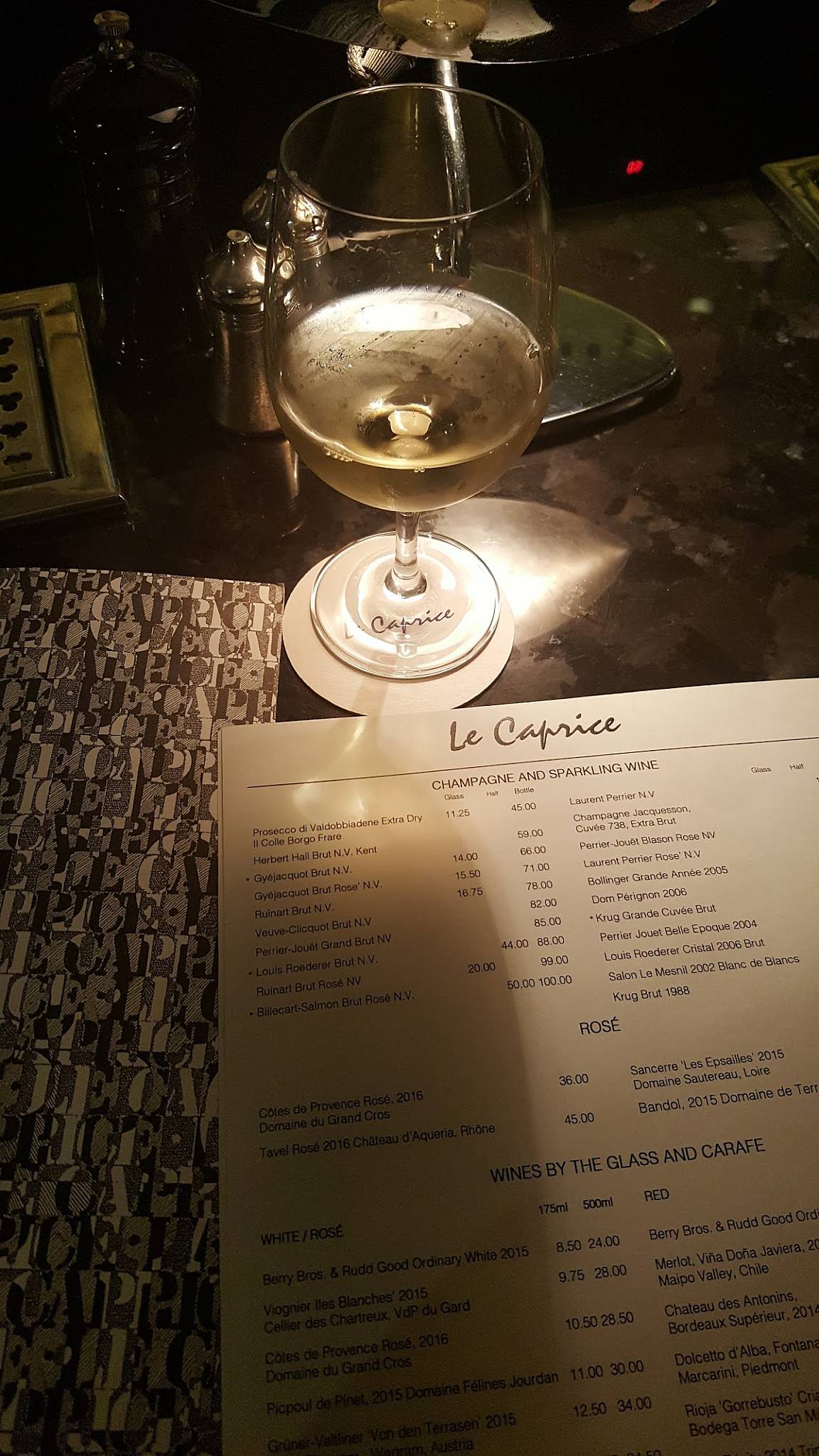 Menu at Le Caprice restaurant, London, 20 Arlington St