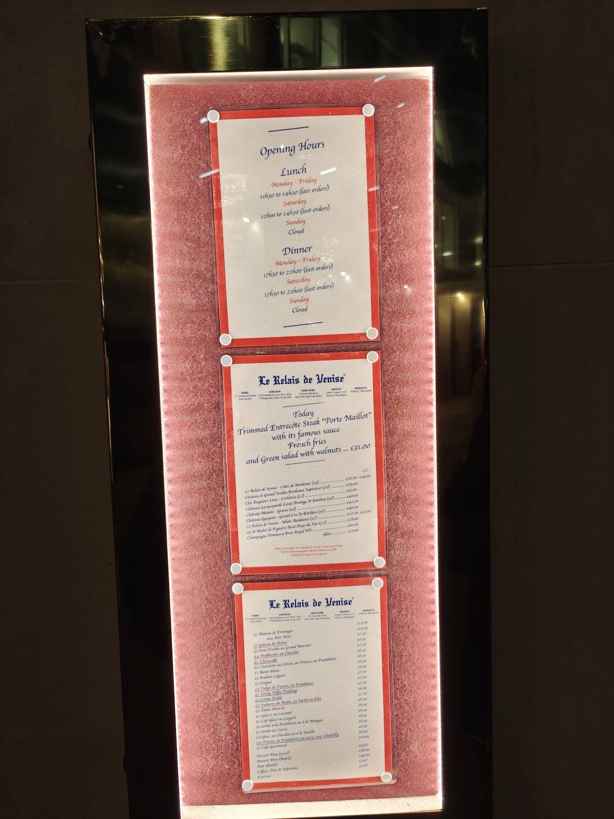 Menu at Le Relais de Venise l'Entrecôte restaurant, London, 5 ...