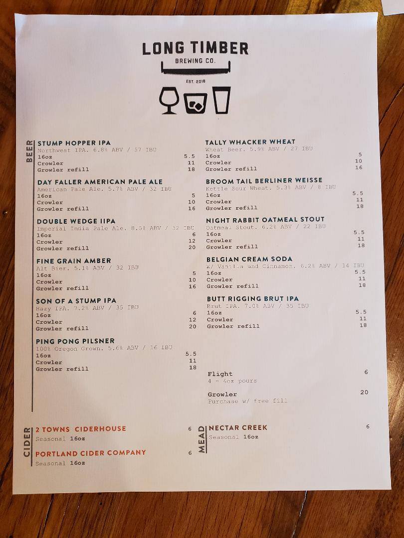 Menu at Long Timber Brewing pub & bar, Monroe