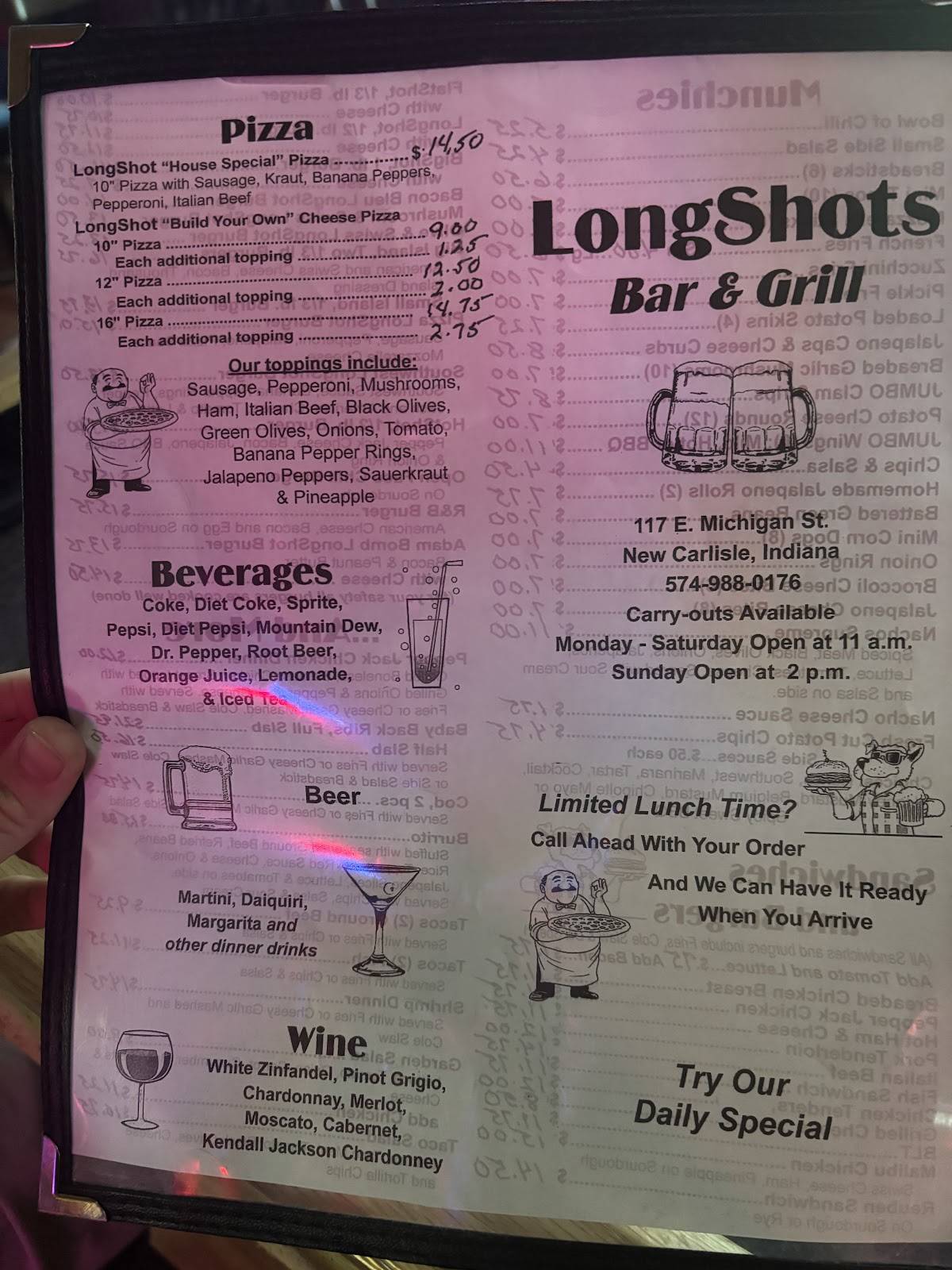 Menu at Longshots Bar and Grill, New Carlisle