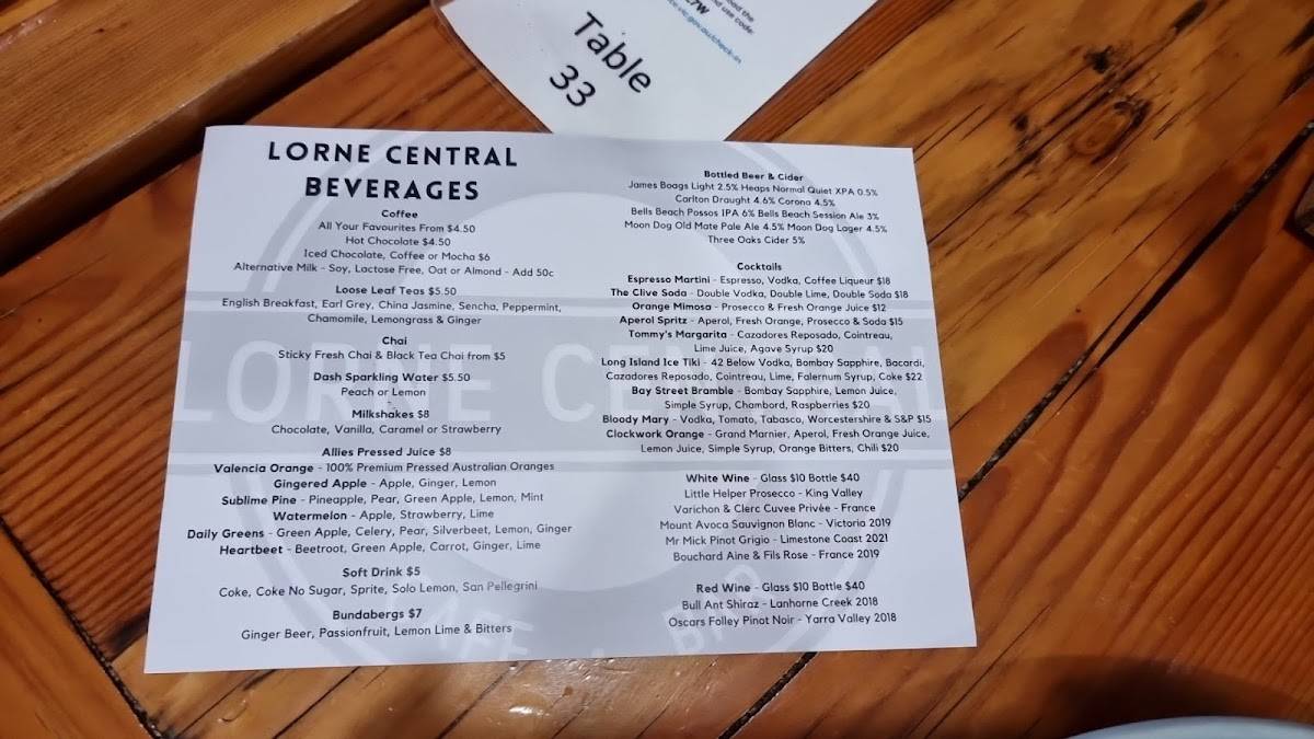 Menu at Lorne Central pub & bar, Lorne