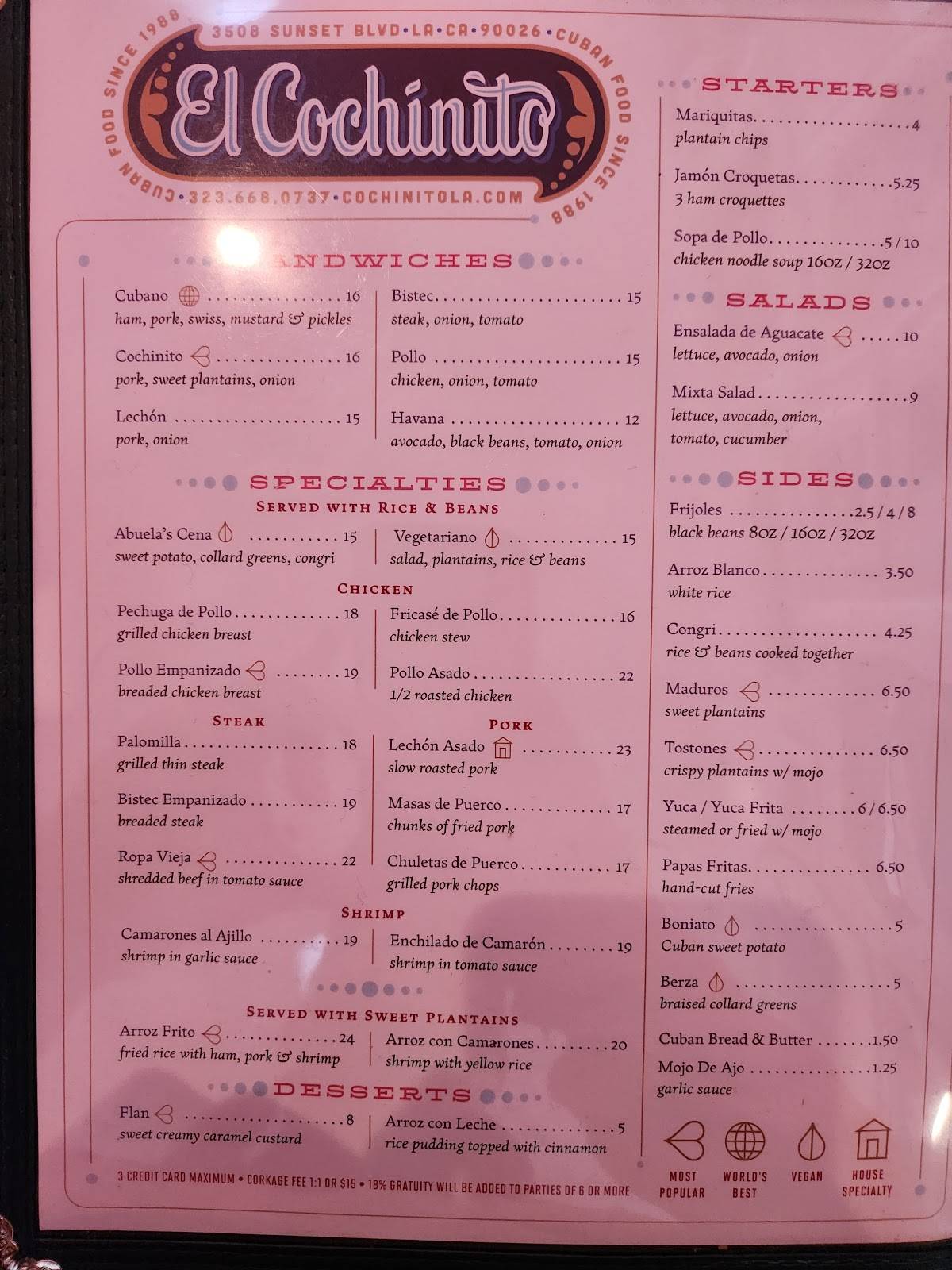 Carta del restaurante El Cochinito, Los Angeles