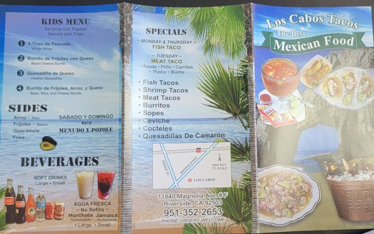 Menu at Los Cabos Tacos restaurant, Riverside, Magnolia Ave