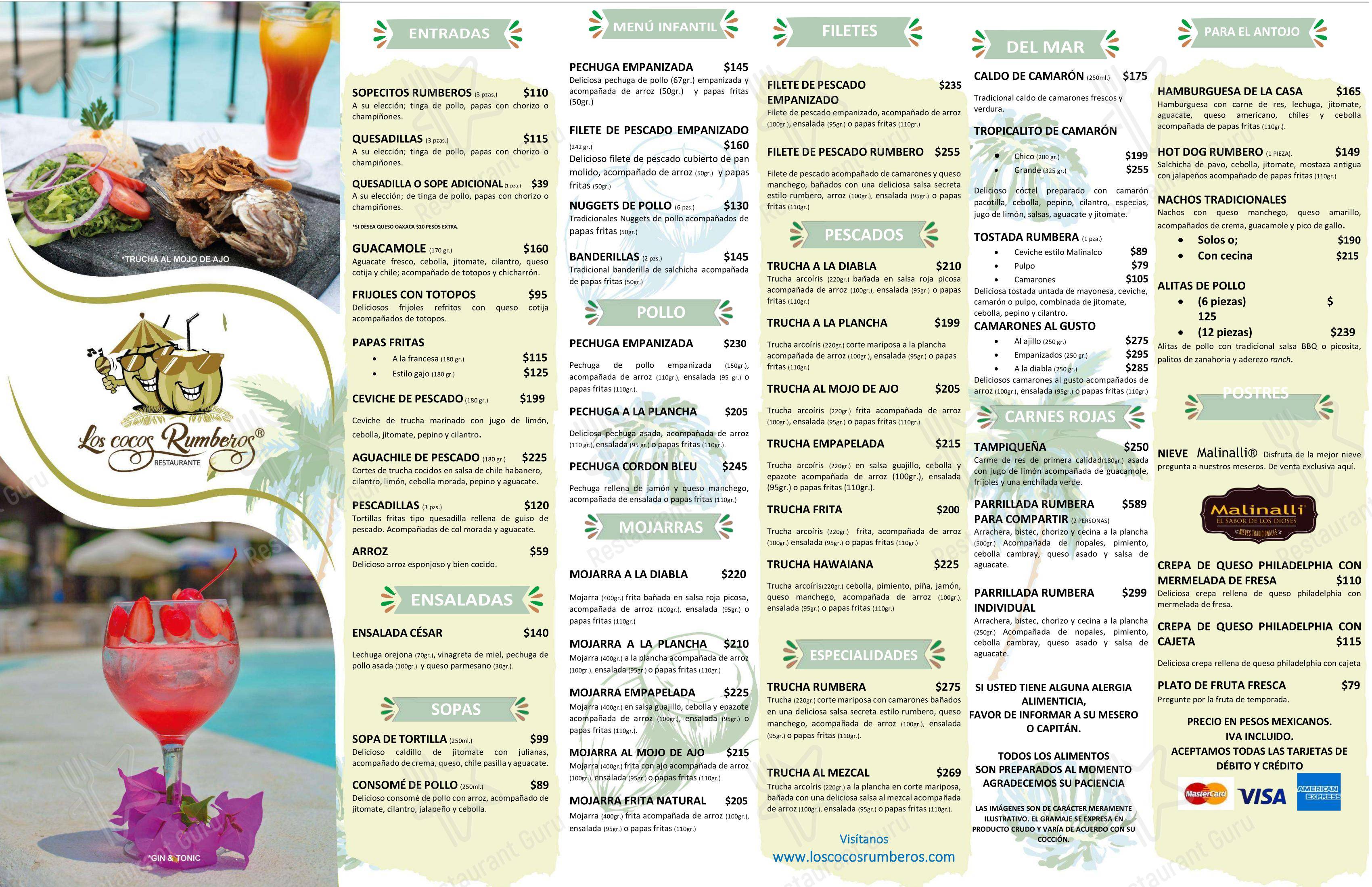 Carta del restaurante Los Cocos Rumberos, Malinalco