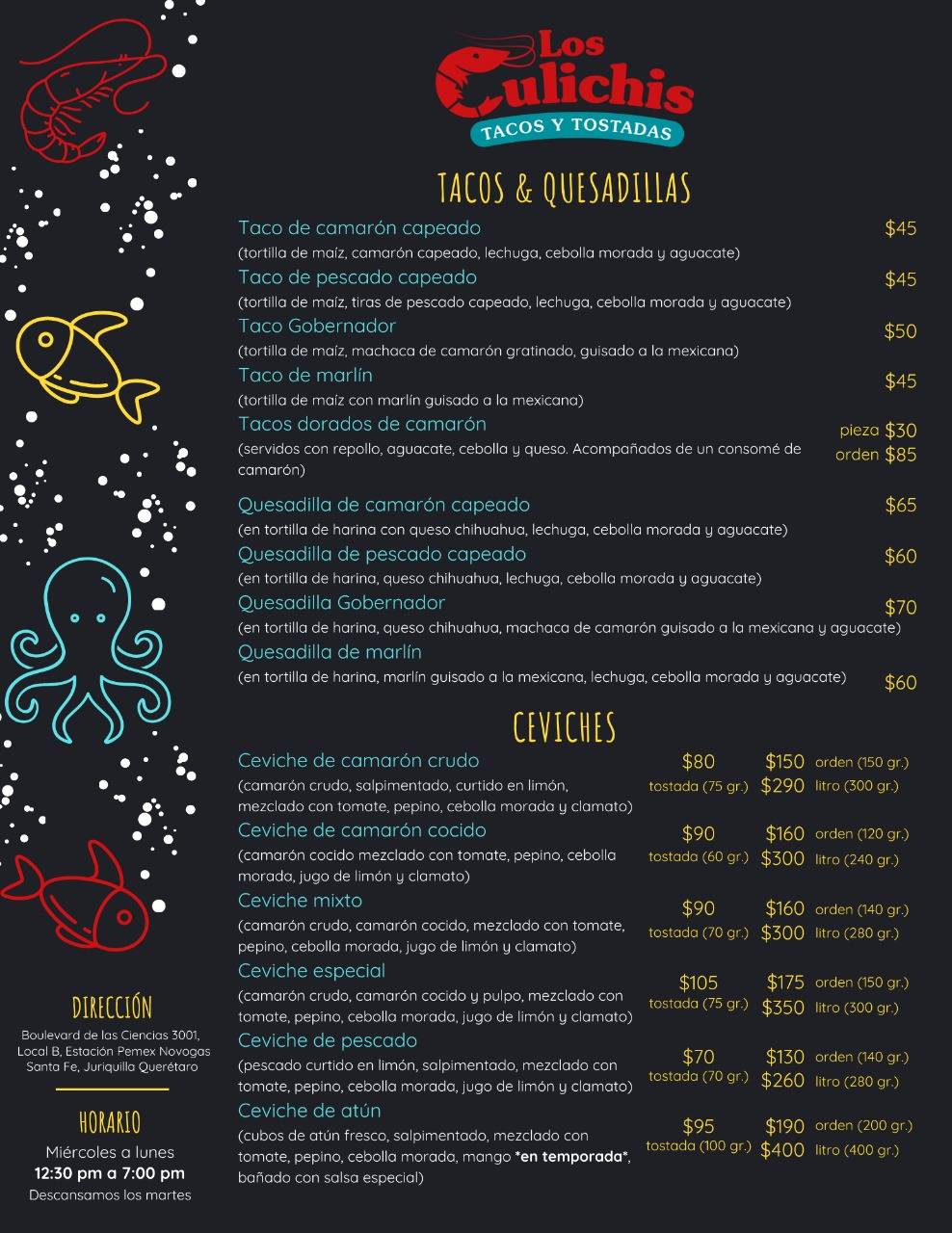 Carta del restaurante Los Culichis Tacos y Tostadas, Juriquilla