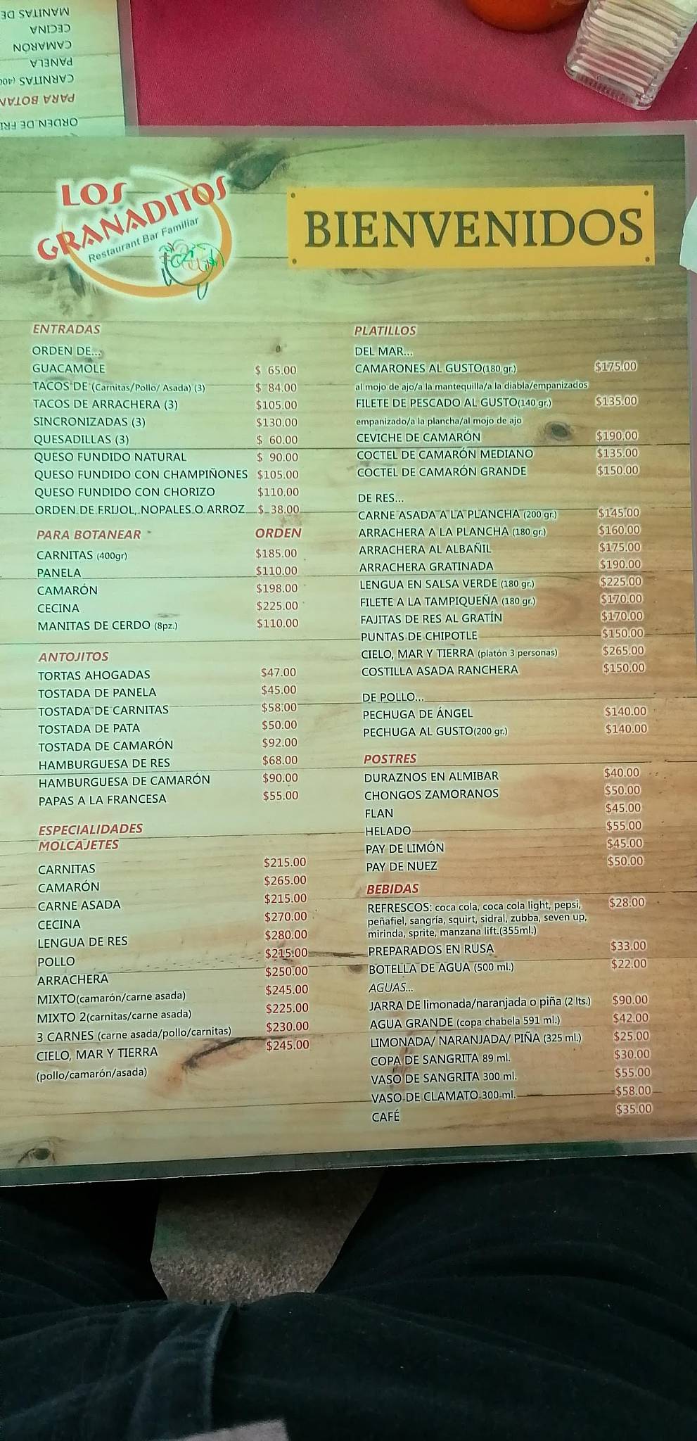 Carta del pub y bar Los Granaditos, Guadalajara