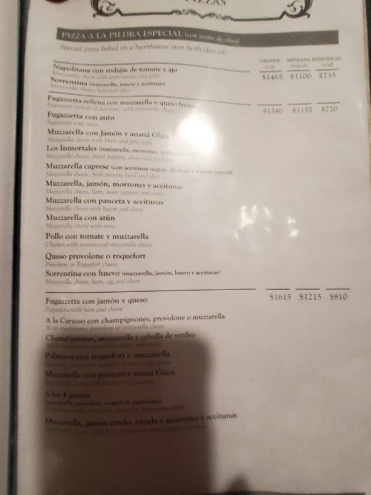 Carta de Pizzería Los Inmortales, Buenos Aires, Lavalle 746
