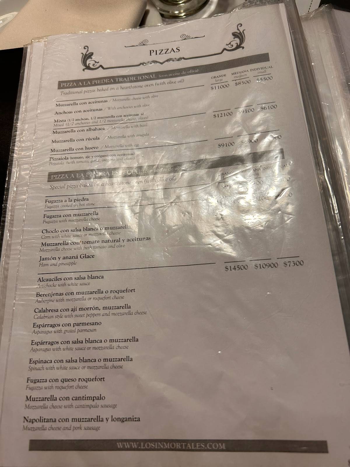 Carta de Pizzería Los Inmortales, Buenos Aires, Lavalle 746