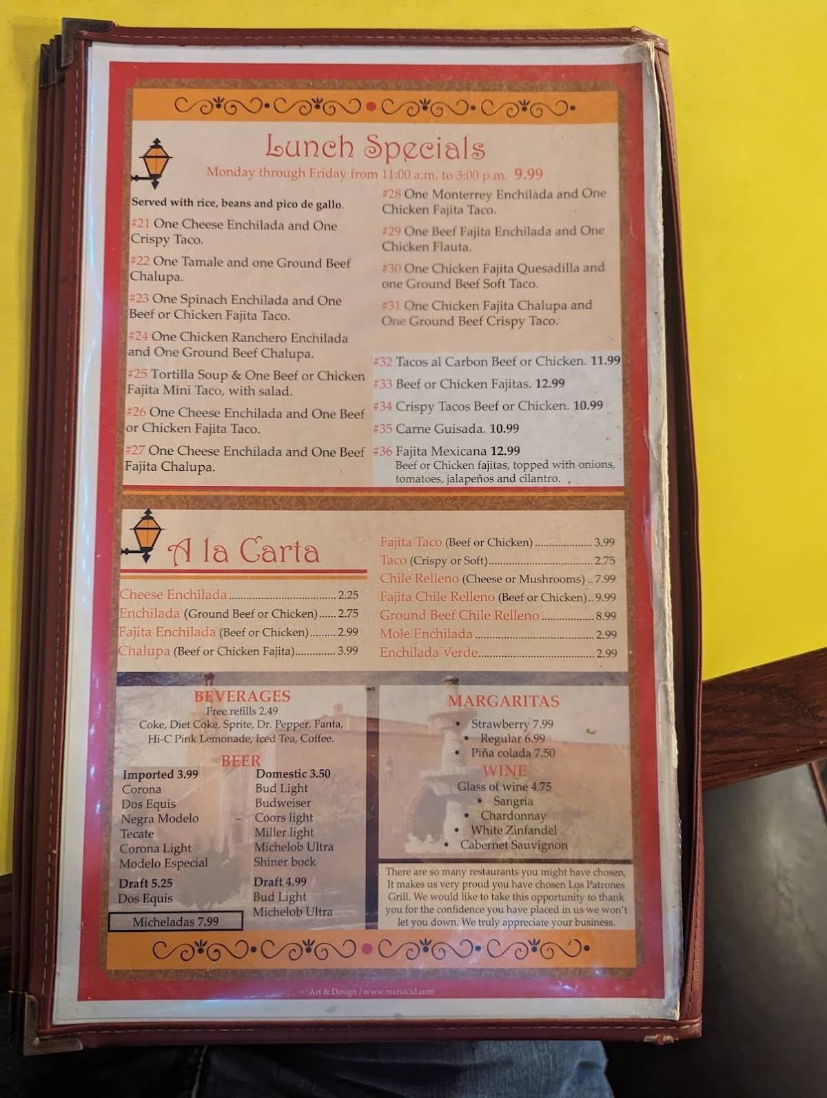 Menu at Los Patrones Mexican Grill restaurant, Giddings