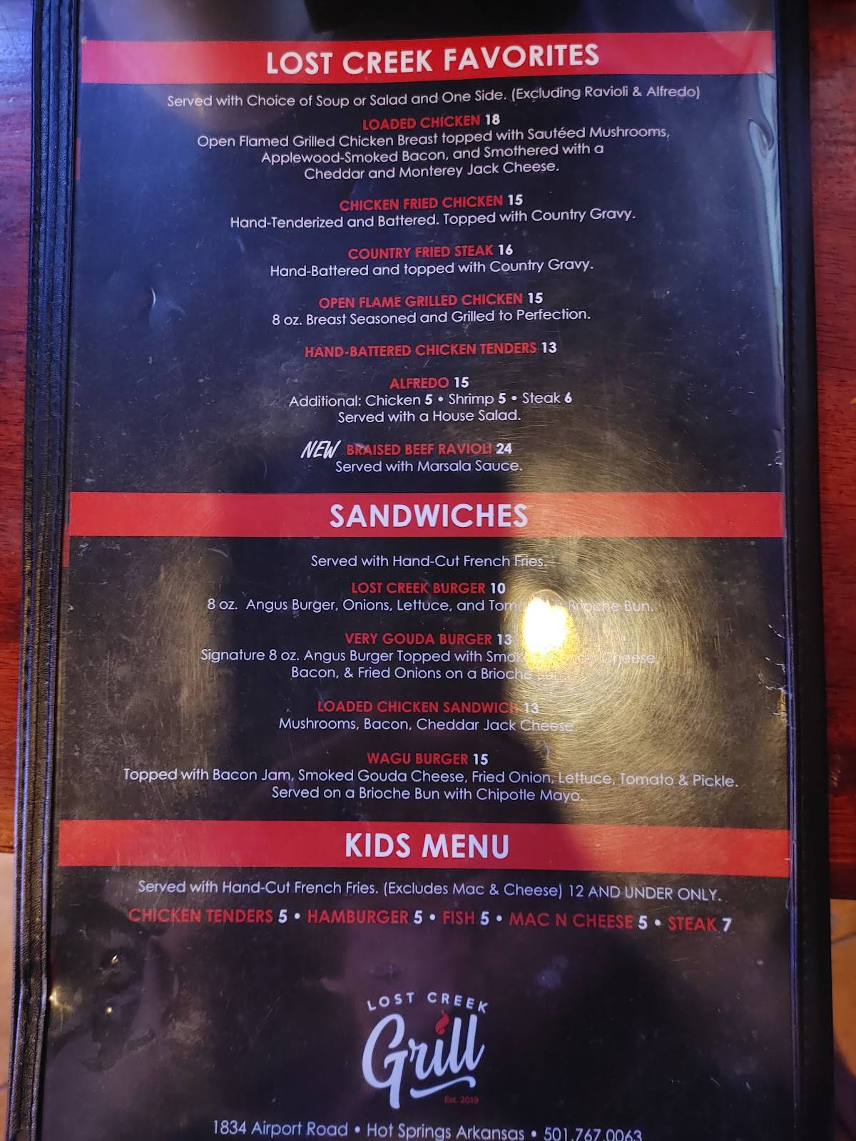 Menu at Lost Creek Grill steakhouse, Hot Springs