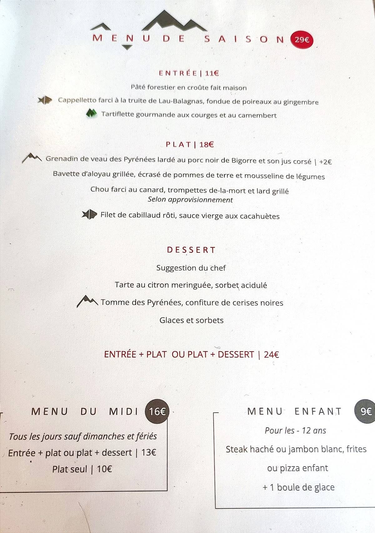 Menu au Le Palacio restaurant, Lourdes