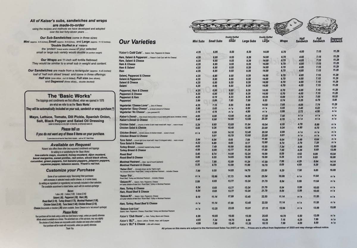Menu at Kaiser's Sub & Sandwich Shoppe restaurant, Lower Sackville