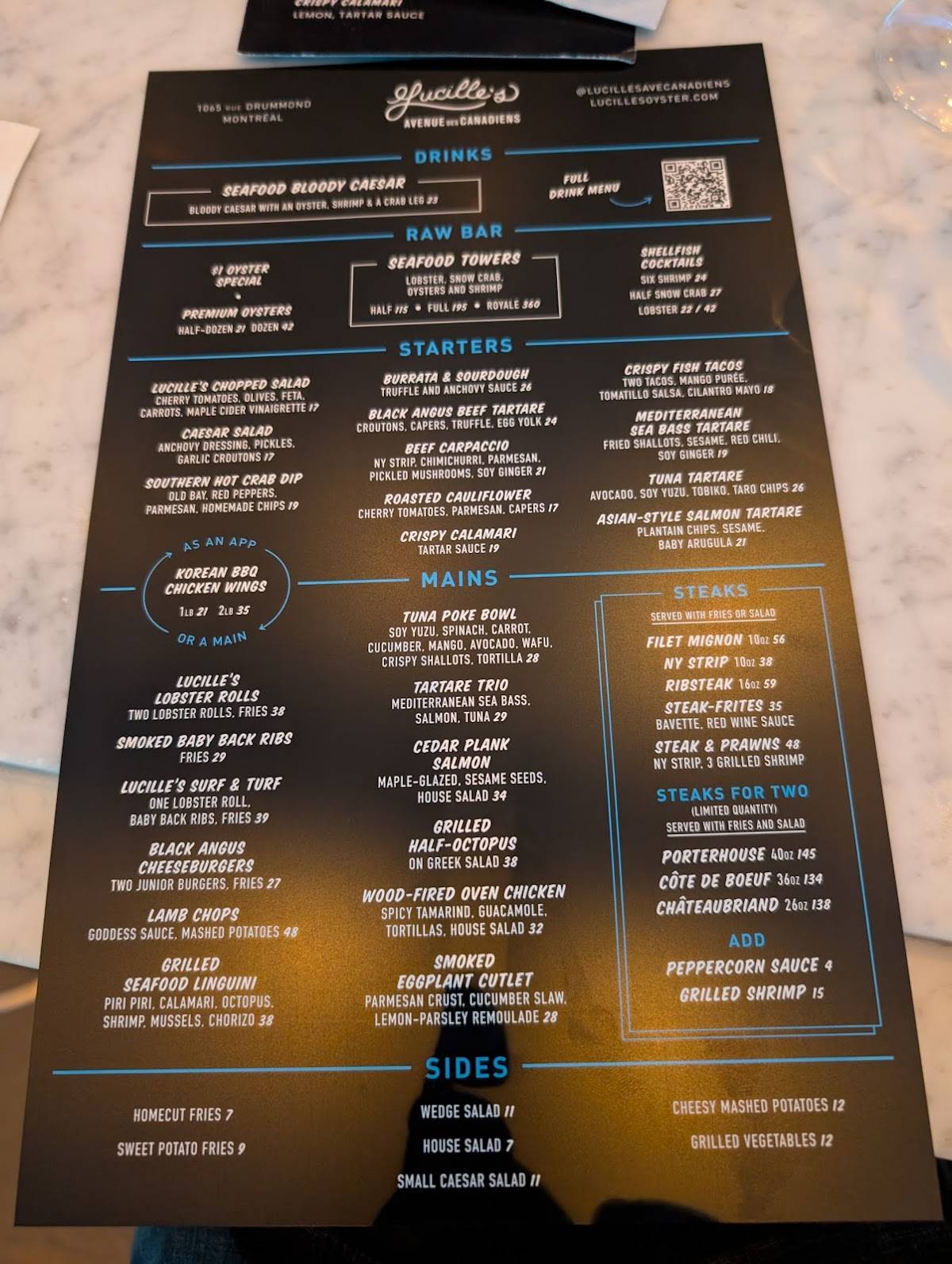Menu au Lucille's Avenue des Canadiens restaurant, Montréal