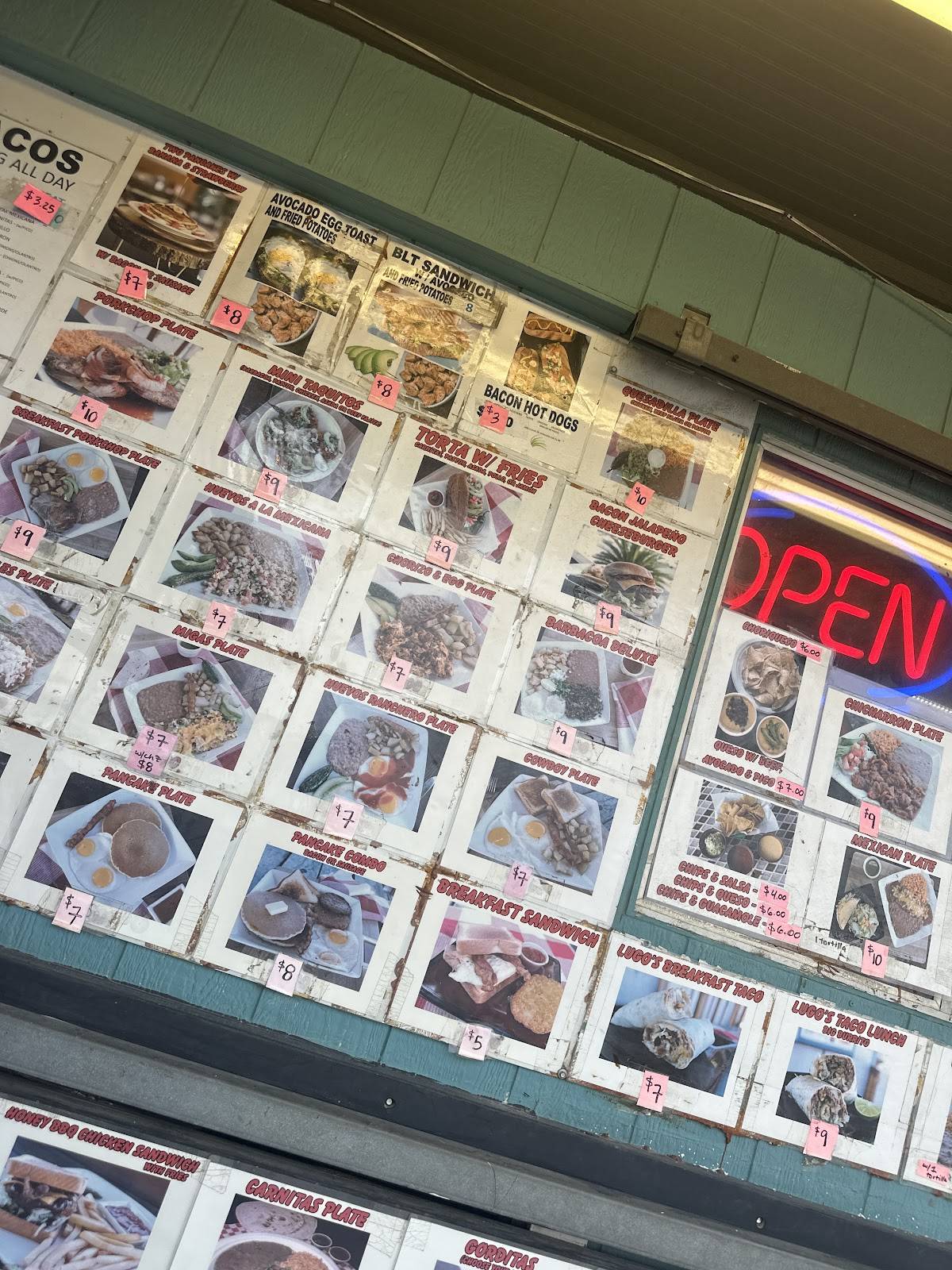Menu at Lugo's Tacos restaurant, Luling