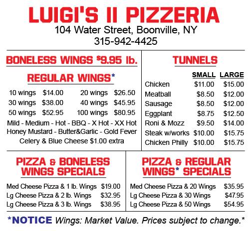 Menu at Luigi's Pizzeria, Boonville