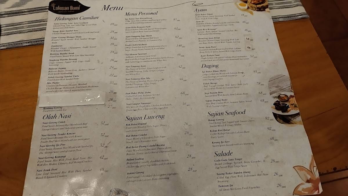 Menu at Lukisan Bumi Yogyakarta - Restaurant, Sendangadi